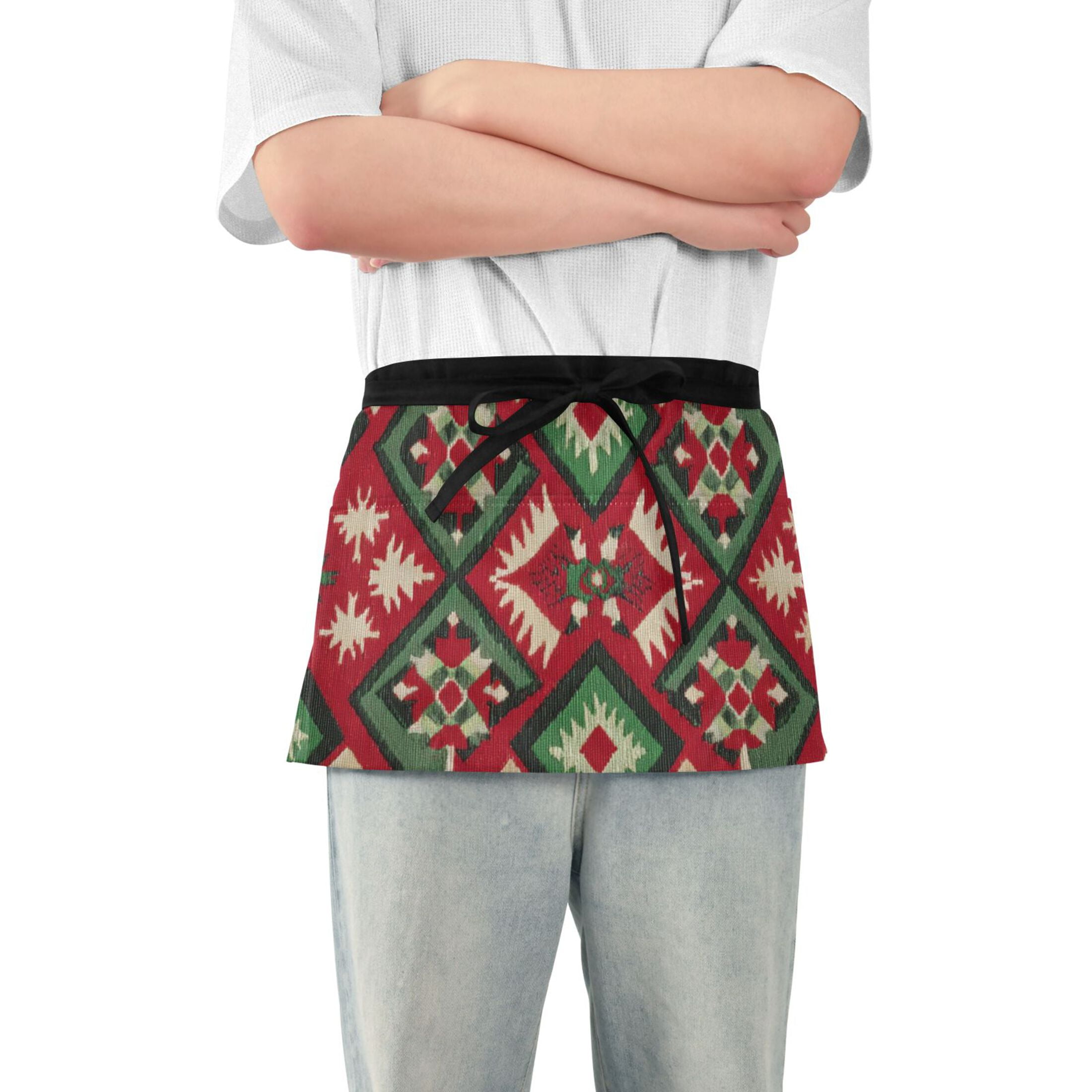 Red and Green Christmas Geometric Pattern Short Server Apron with 3 ...
