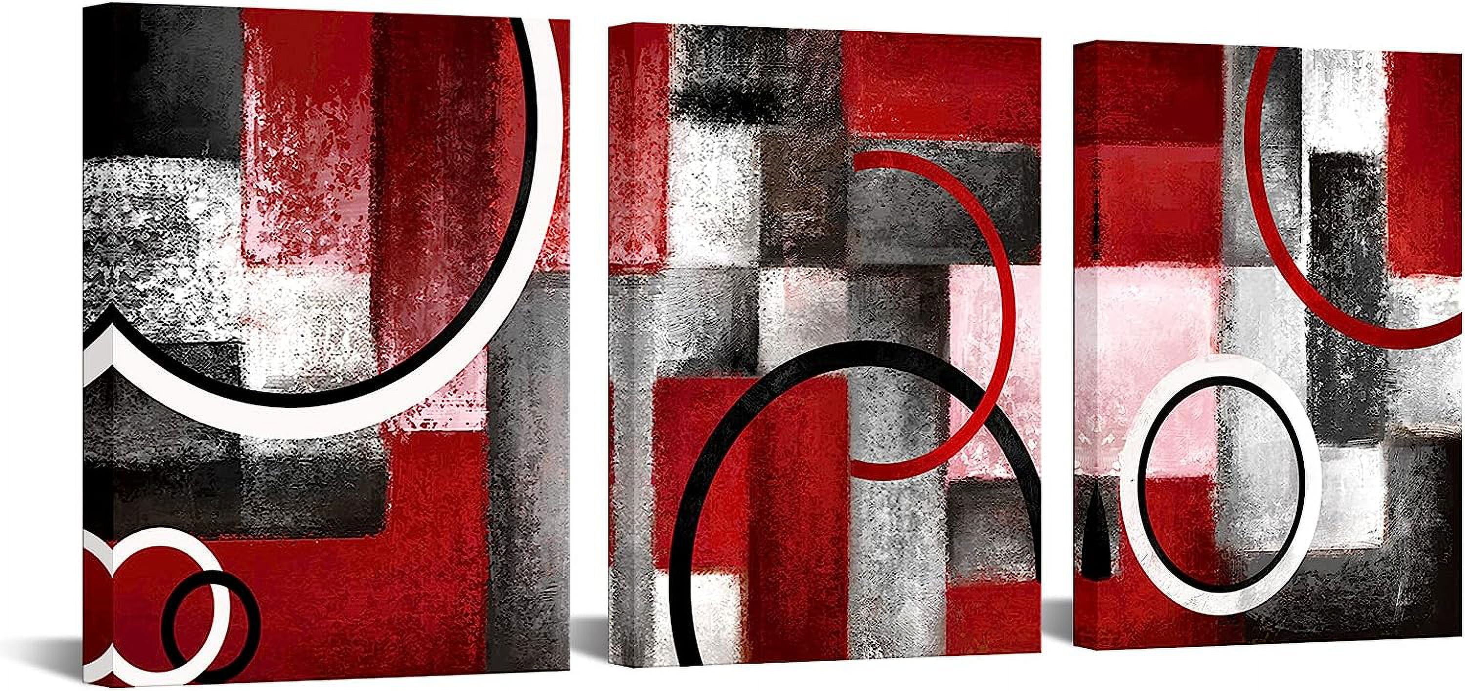 Red and Grey Abstract Geometric Circle Canvas Wall Art Rustic Burgundy ...