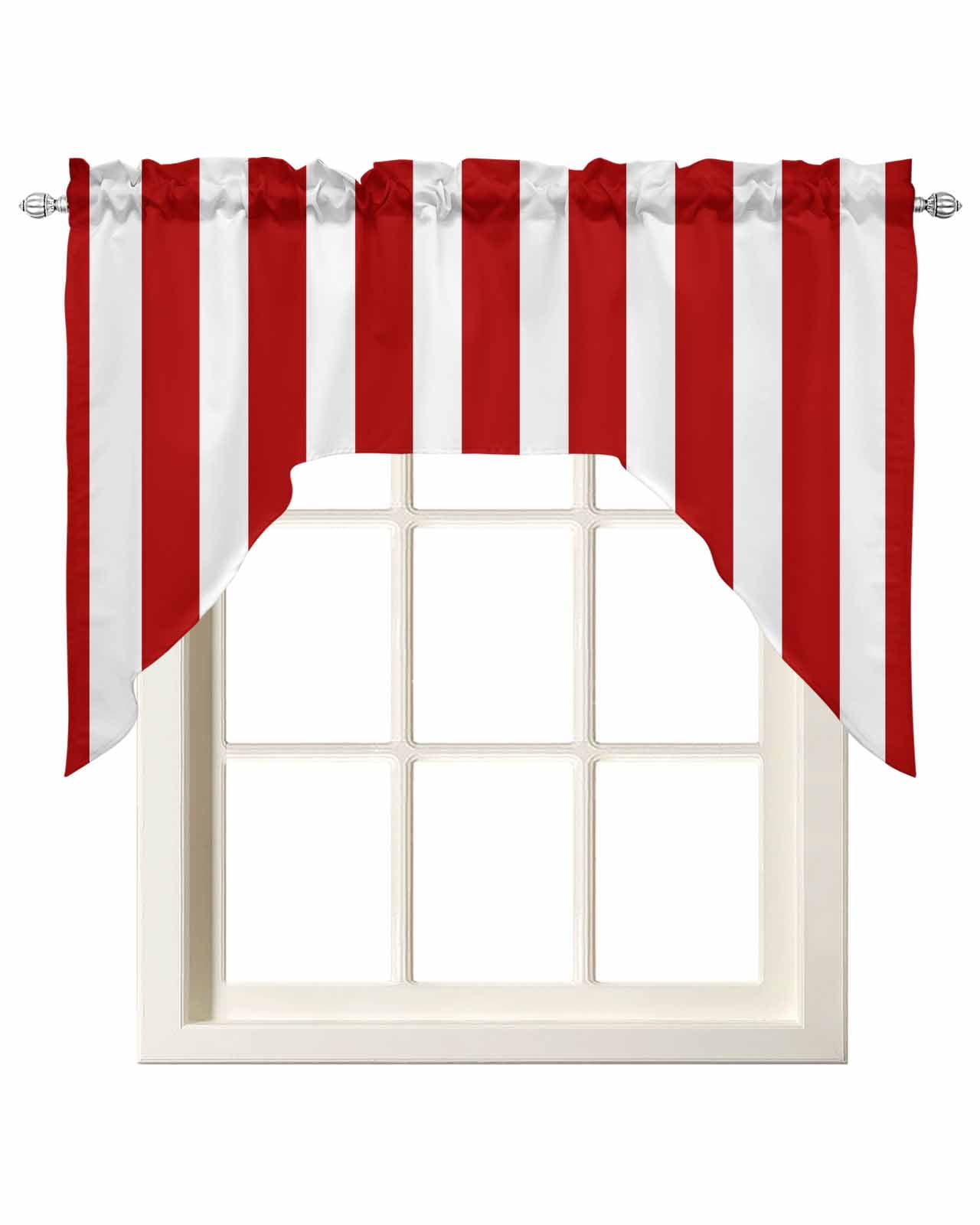 Red and Swag Valance and Tier Curtains Set White Striped Geometric ...