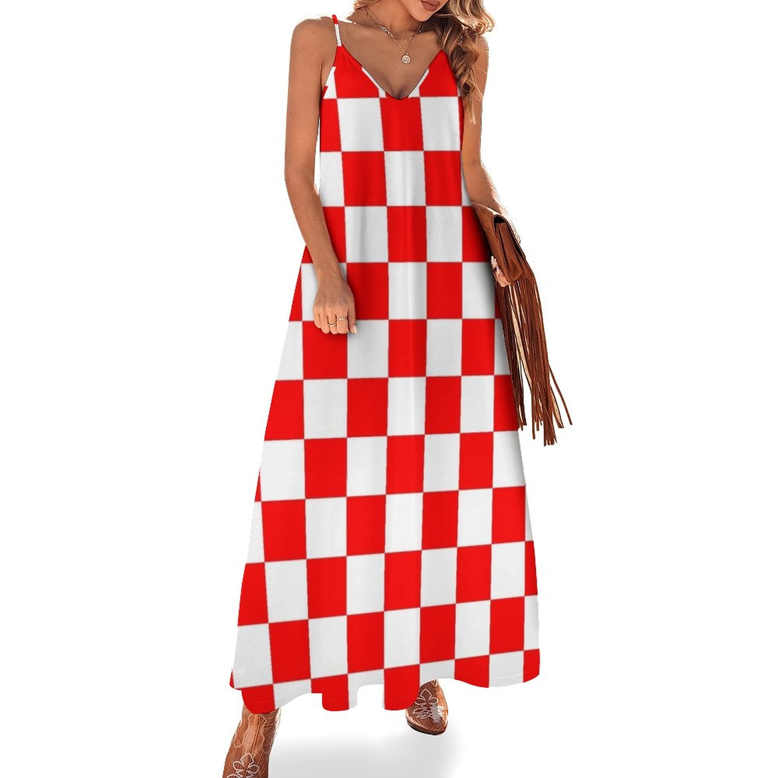 Red and White Checkered Sleeveless Dress Women's clothing wedding ...