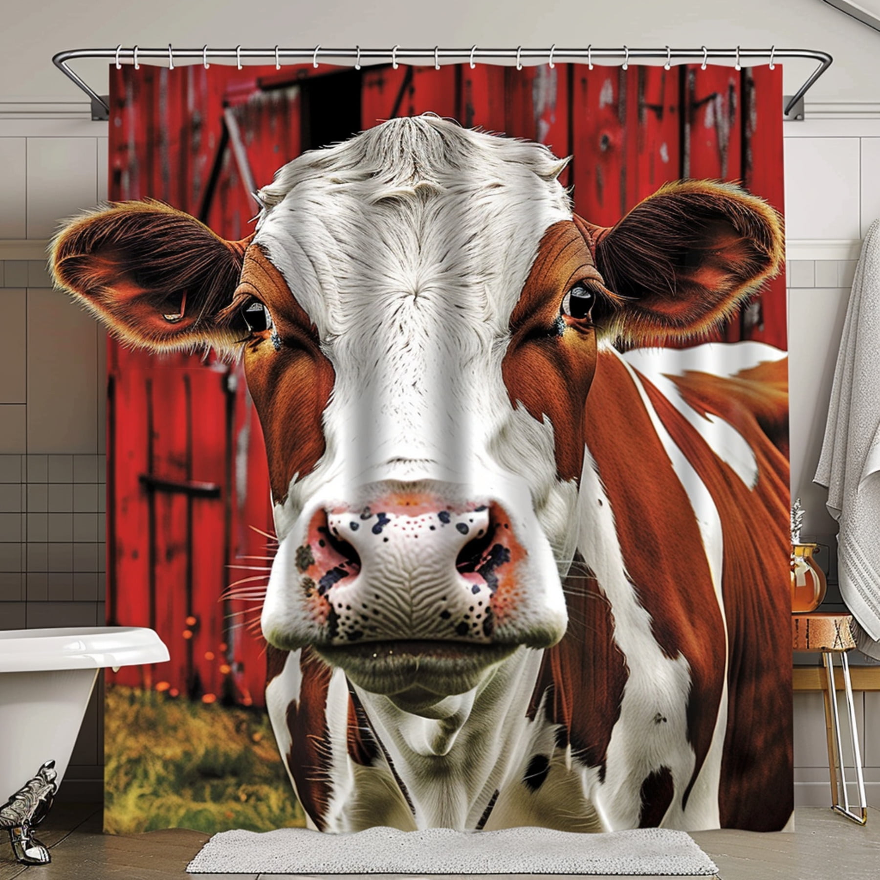 Red and White Cow Shower Curtain with Brown Spots in Front of Red Barn ...