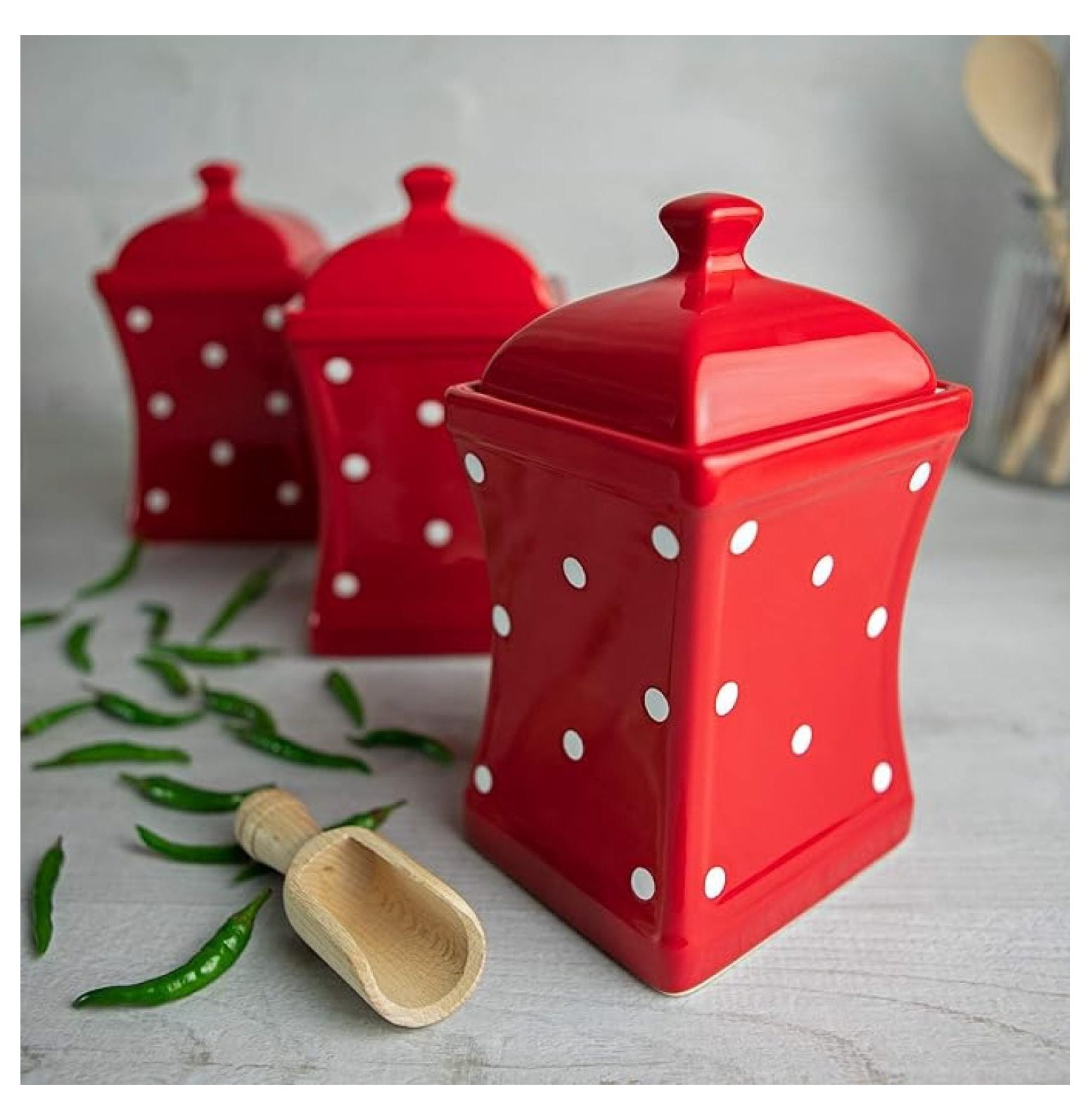 Red and White Polka Dot Handmade, 31.5oz/900ml Ceramic Kitchen Storage ...