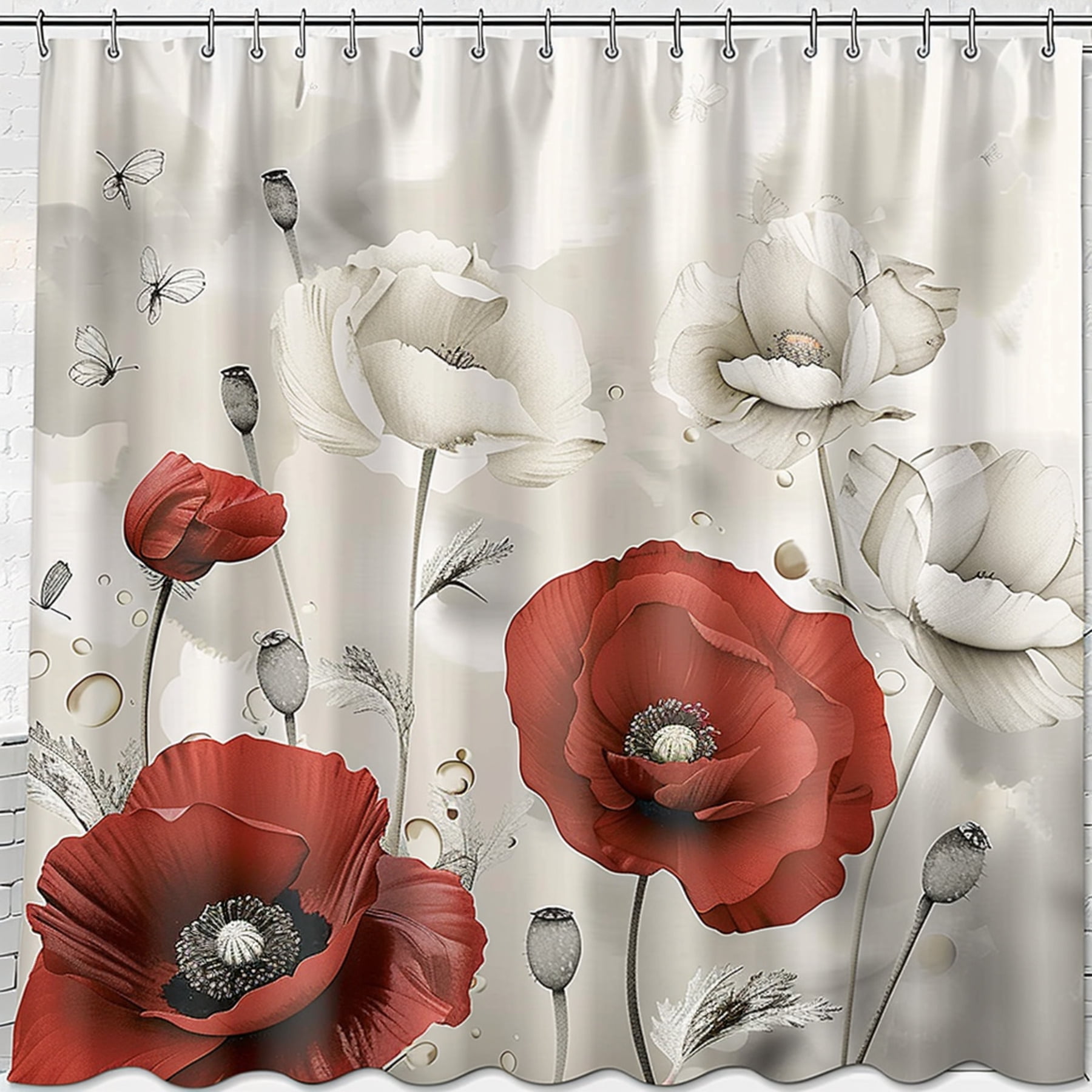 Red And White Poppies Shower Curtain Detailed Floral Design Beige Red