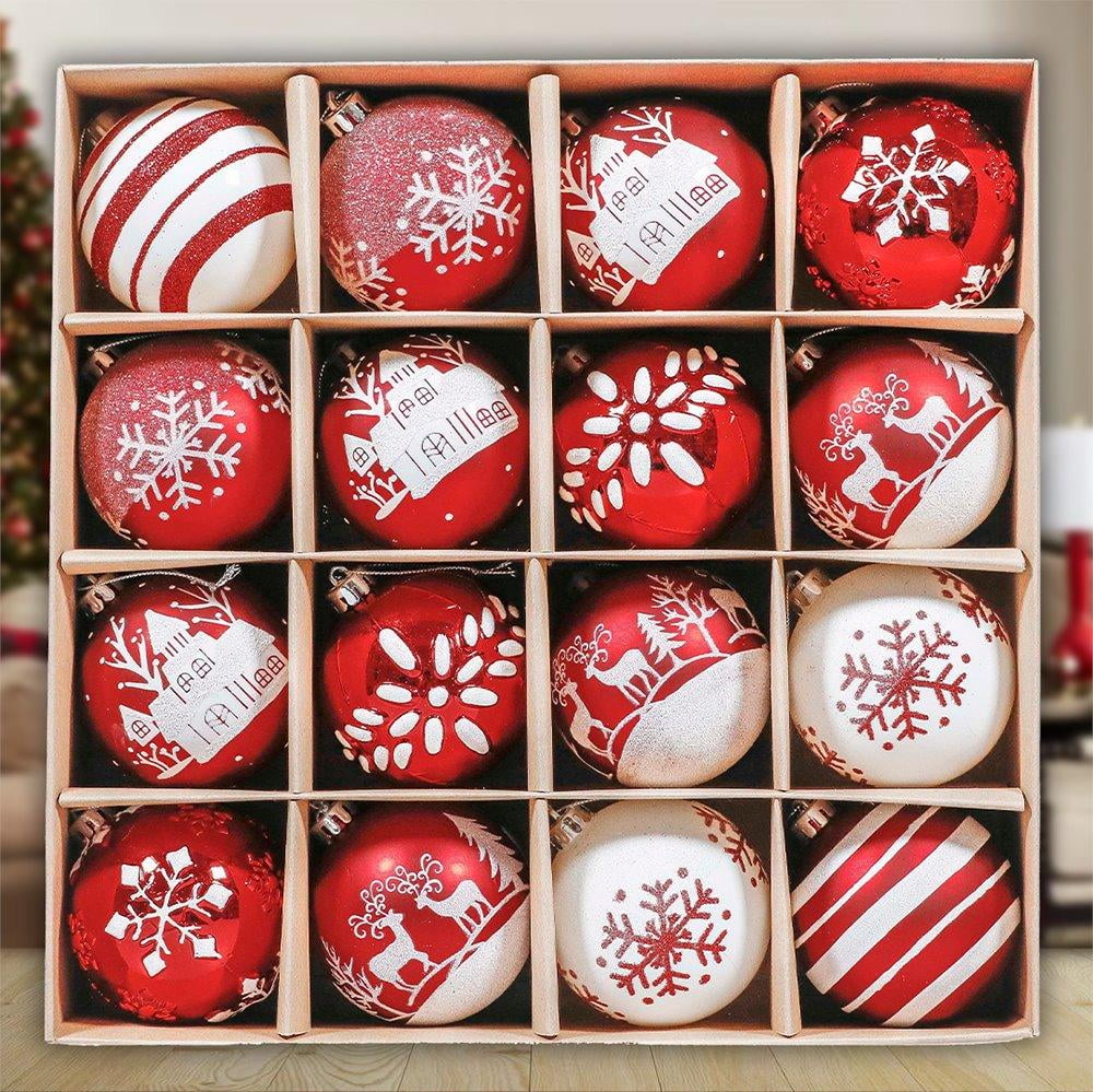 16 Piece Shatterproof Christmas Ball Ornament Bundle, Red and White ...