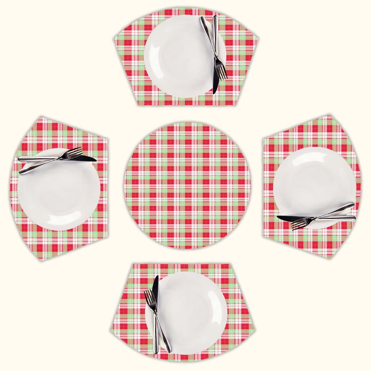 Red and green grid Round Table Placemats Set Of 5 Wedge Table Mats ...