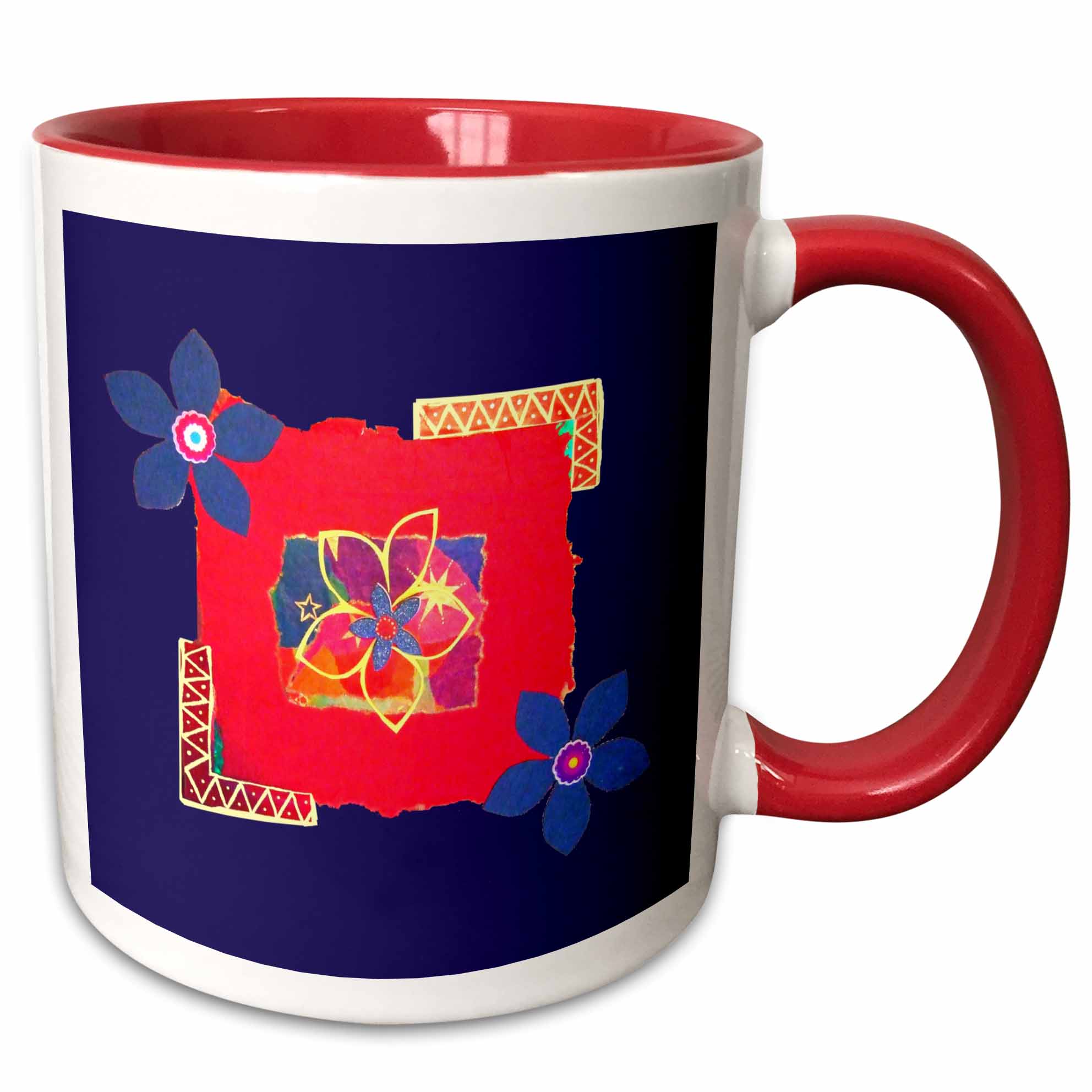 Red and navy blue floral abstract Modern Asian flowers arty design - Japanese style gold flower ...