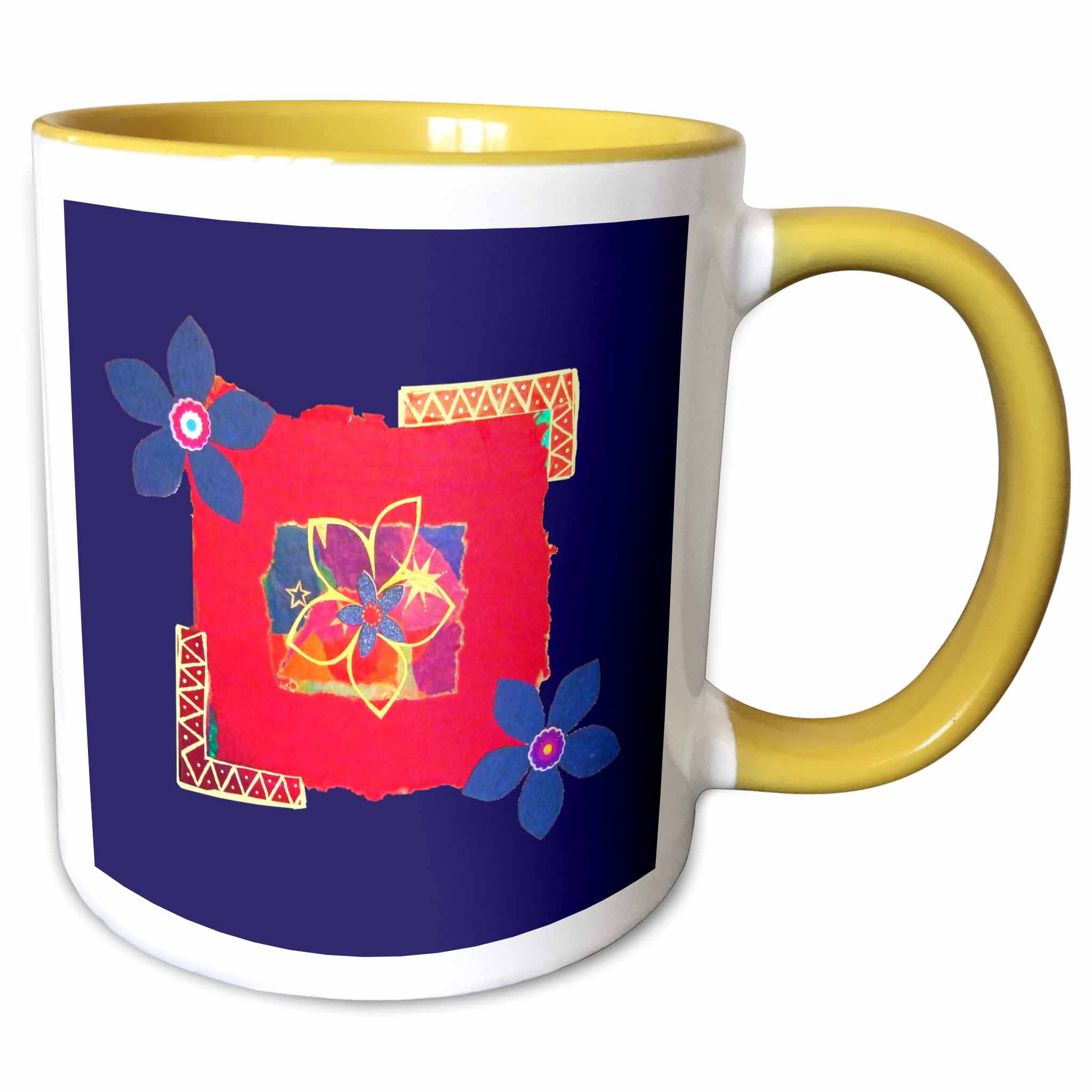 Red and navy blue floral abstract Modern Asian flowers arty design - Japanese style gold flower ...