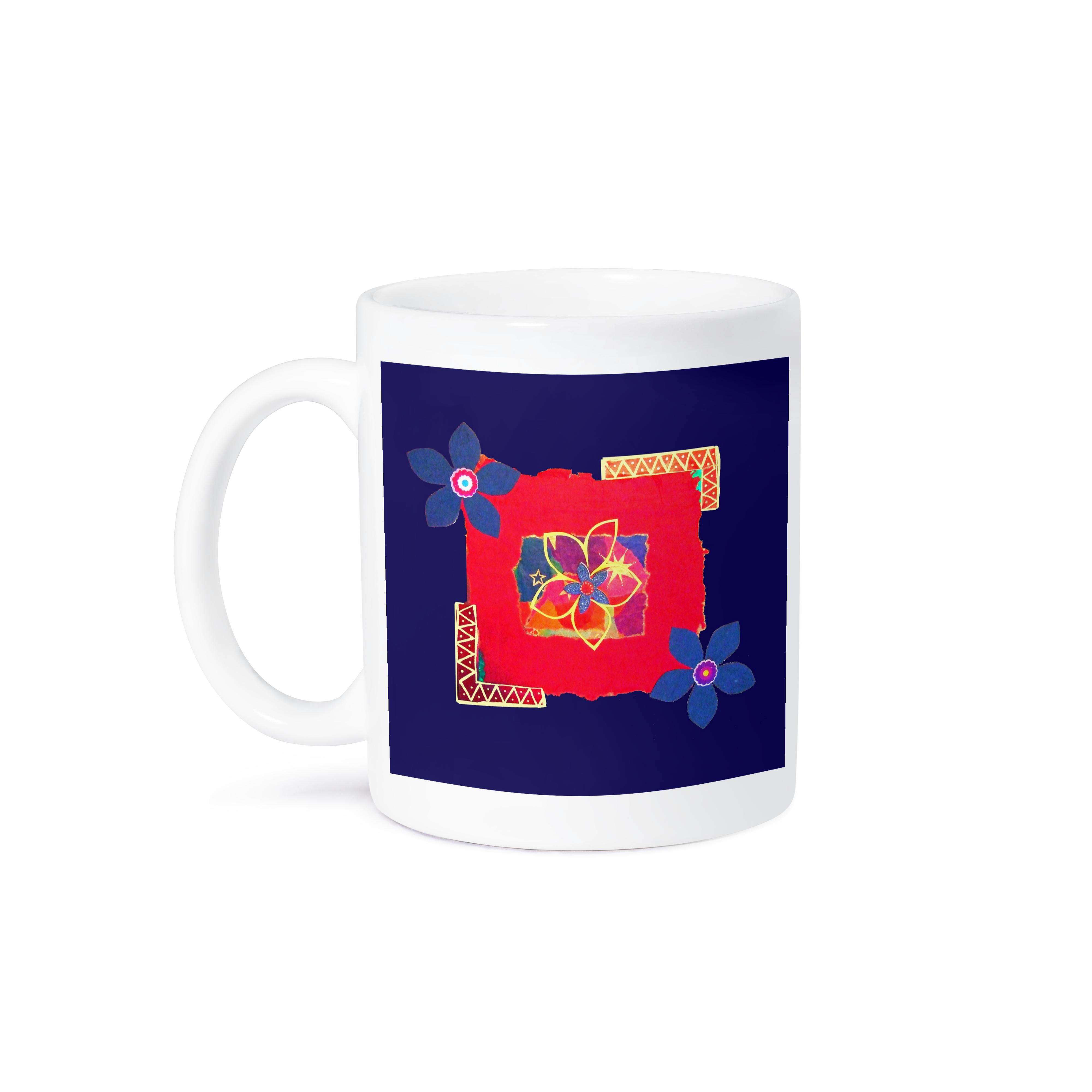 3dRose, Red and navy blue floral abstract Modern Asian flowers arty design - Japanese style gold ...