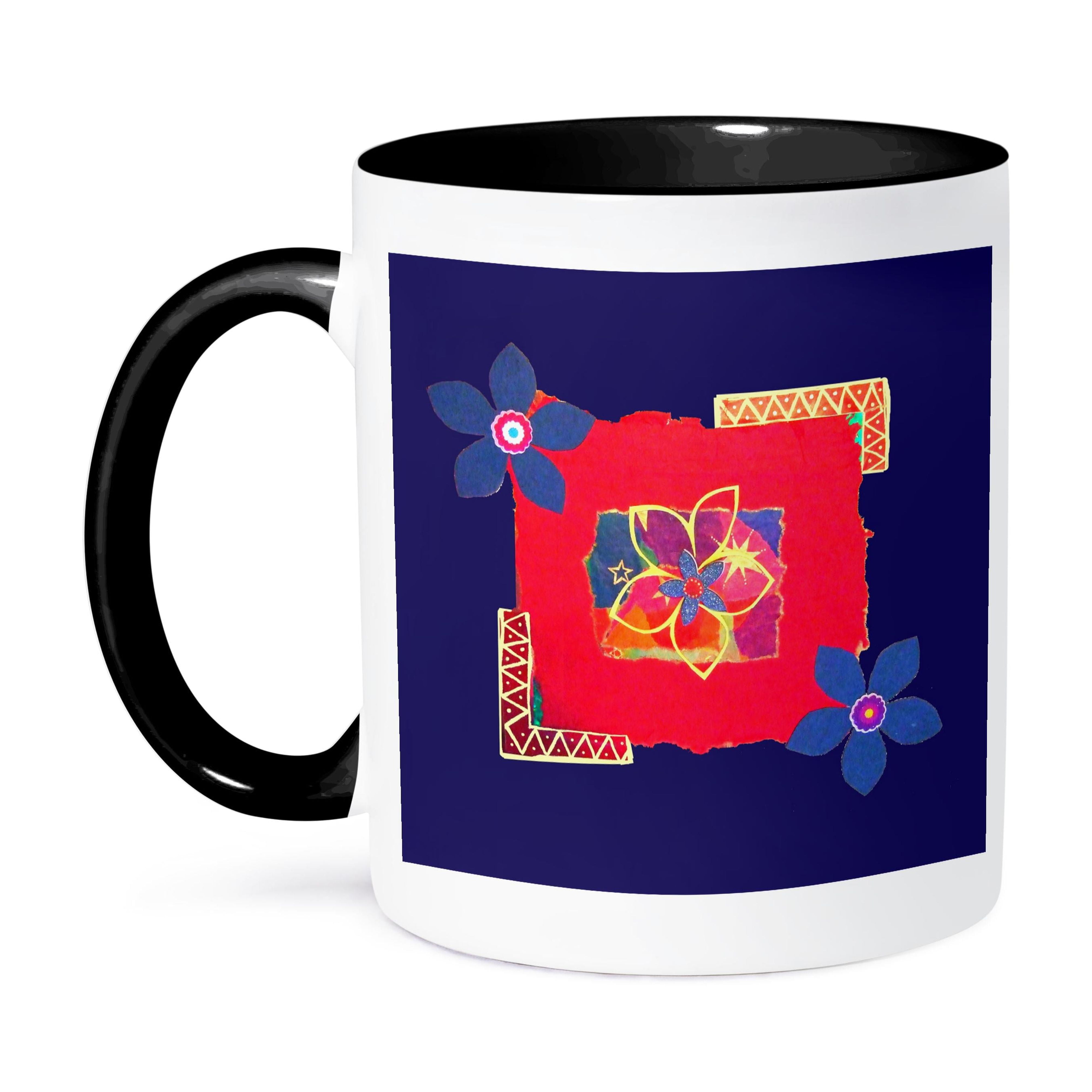 3dRose, Red and navy blue floral abstract Modern Asian flowers arty design - Japanese style gold ...