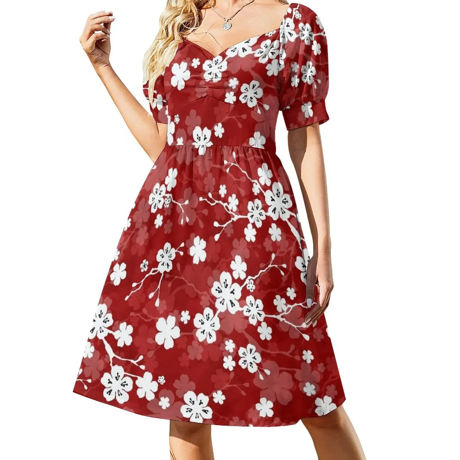 Red and white cherry blossom pattern Sleeveless Dress luxury women's ...