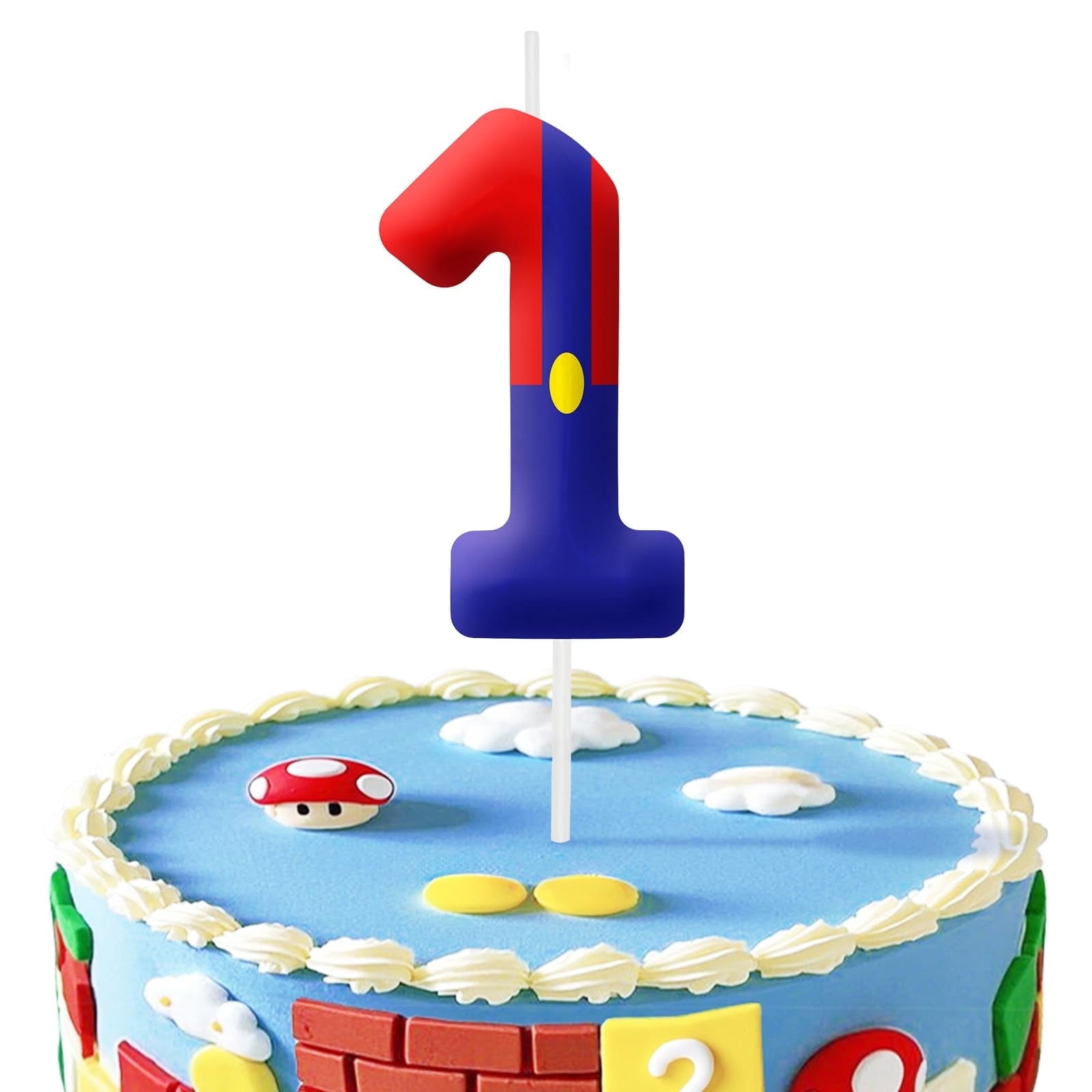 Red and white plumber 1 birthday candle, number 1 candle, cartoon game ...