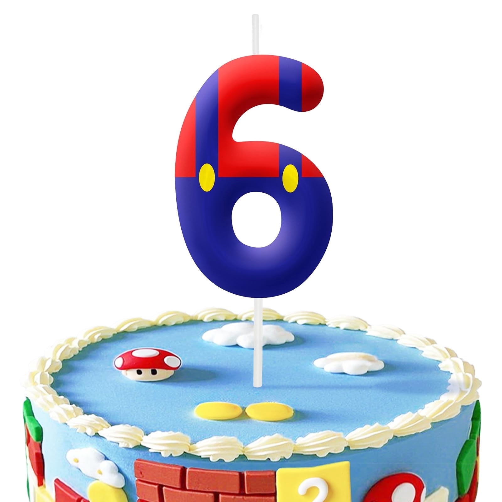 Red and white plumber 6 birthday candle, number 6 candle, cartoon game ...
