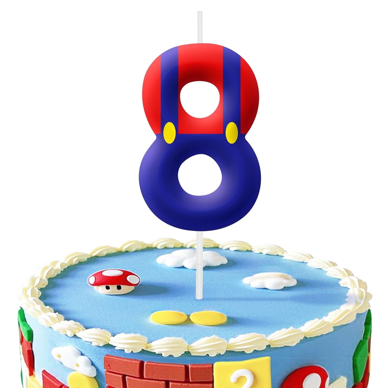 Red and white plumber 8 birthday candle, number 8 candle, cartoon game ...