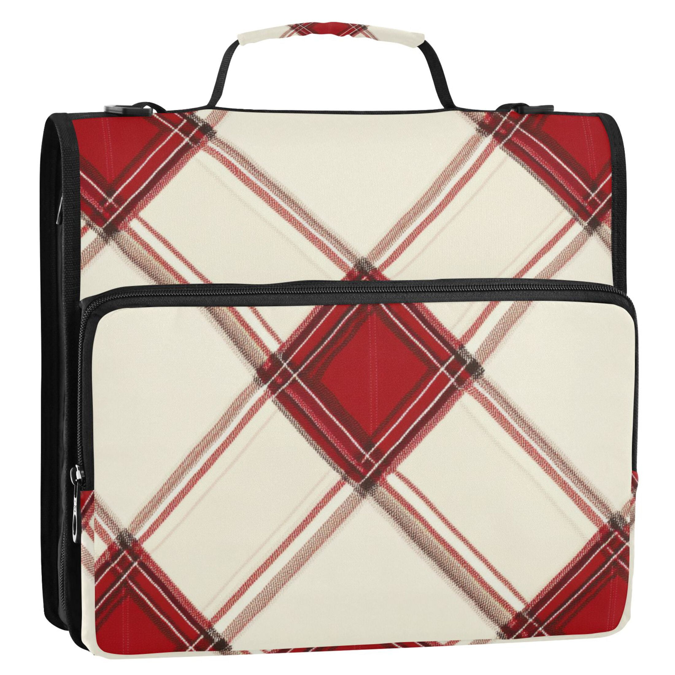Red-beige Plaids Binder Bag with Shoulder Strap 3 Ring Zipper Binder ...