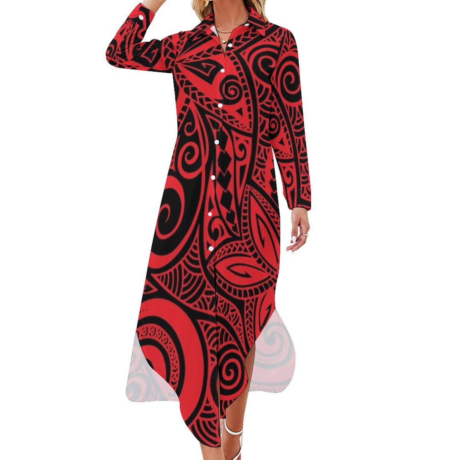 Red black Polynesian floral design Long Sleeved Shirt Dress clothes for ...