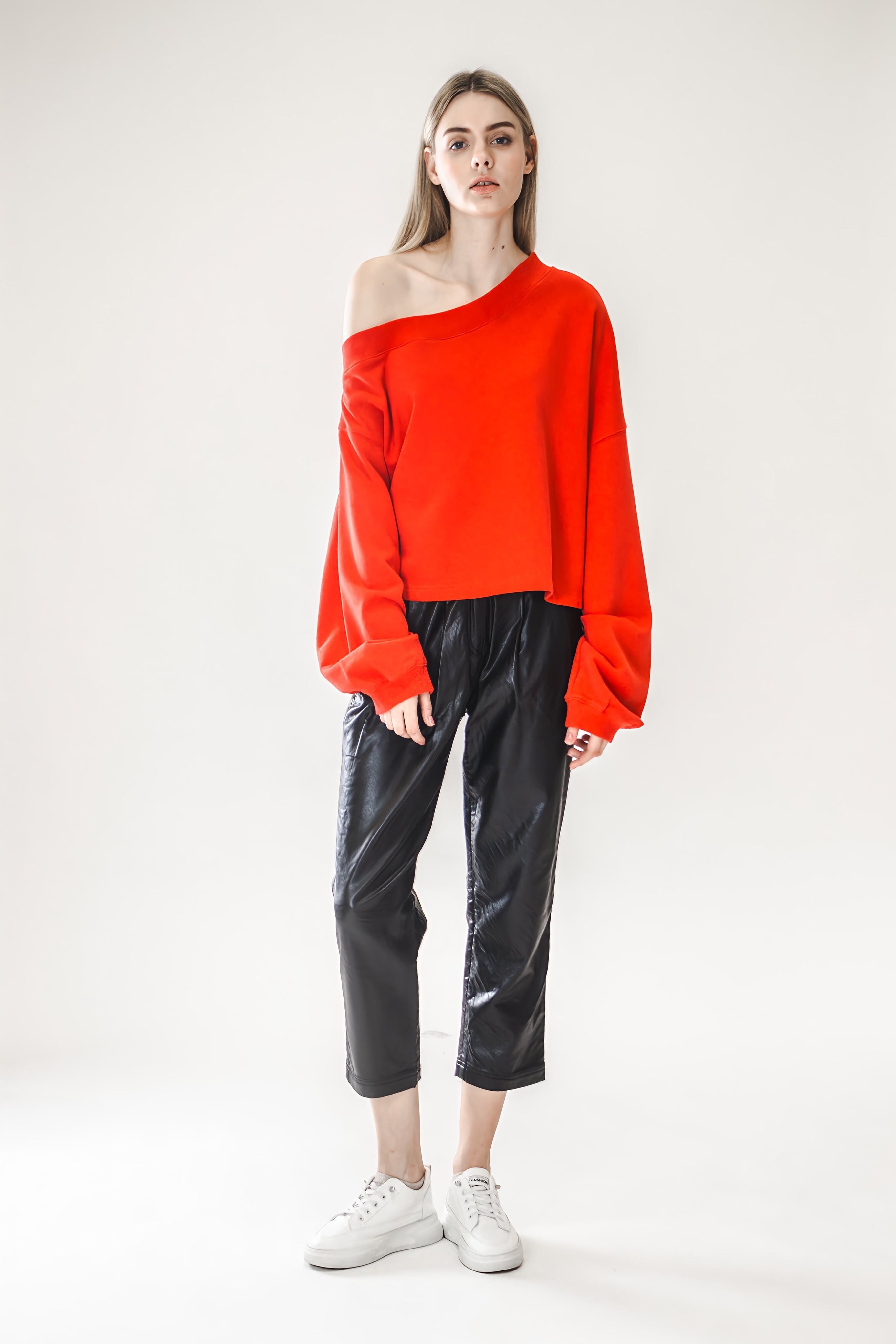 Red/black/white off-shoulder long-sleeve T-shirt with printed text on ...