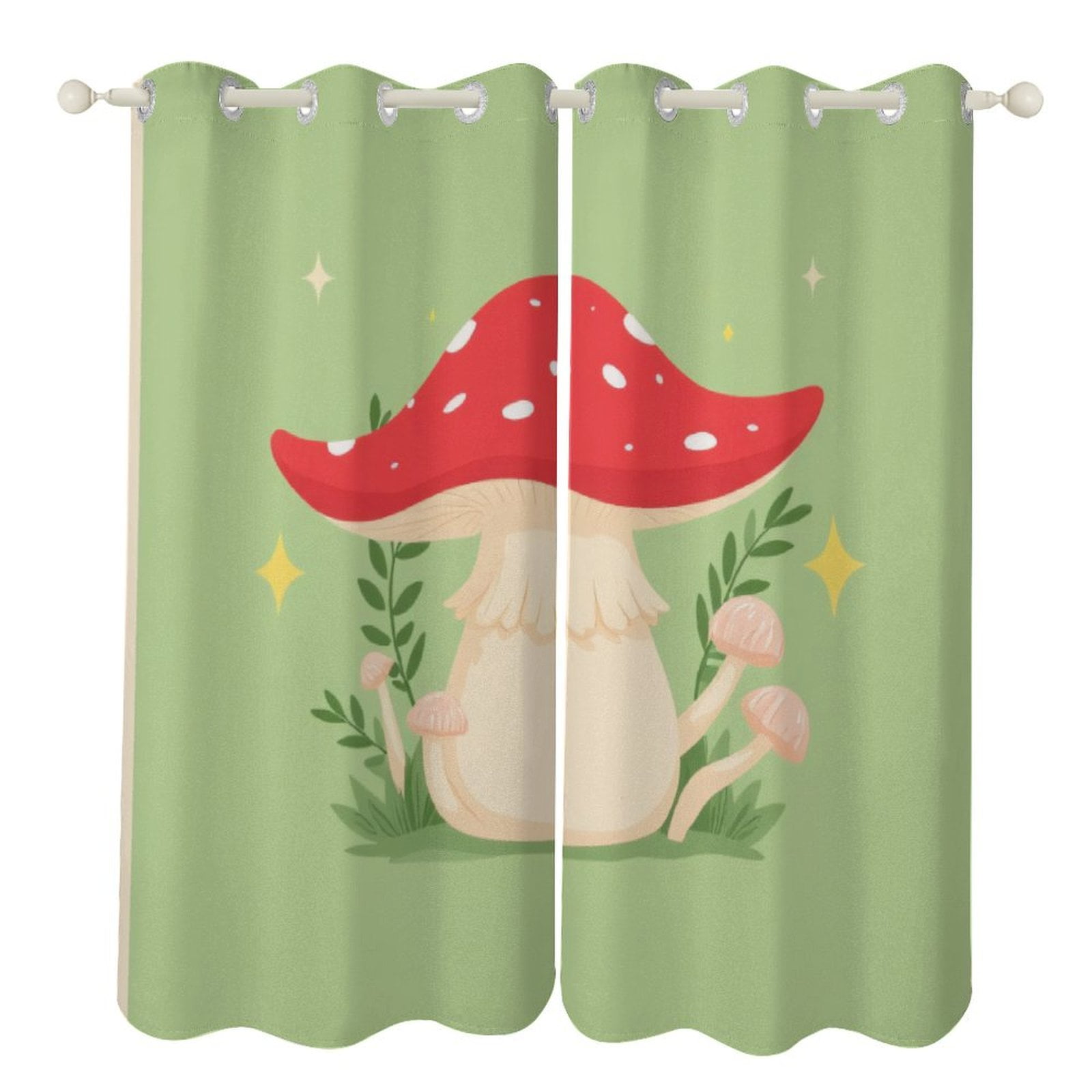 Red-capped Mushroom with Leaves Blackout Window Curtains for Bedroom ...