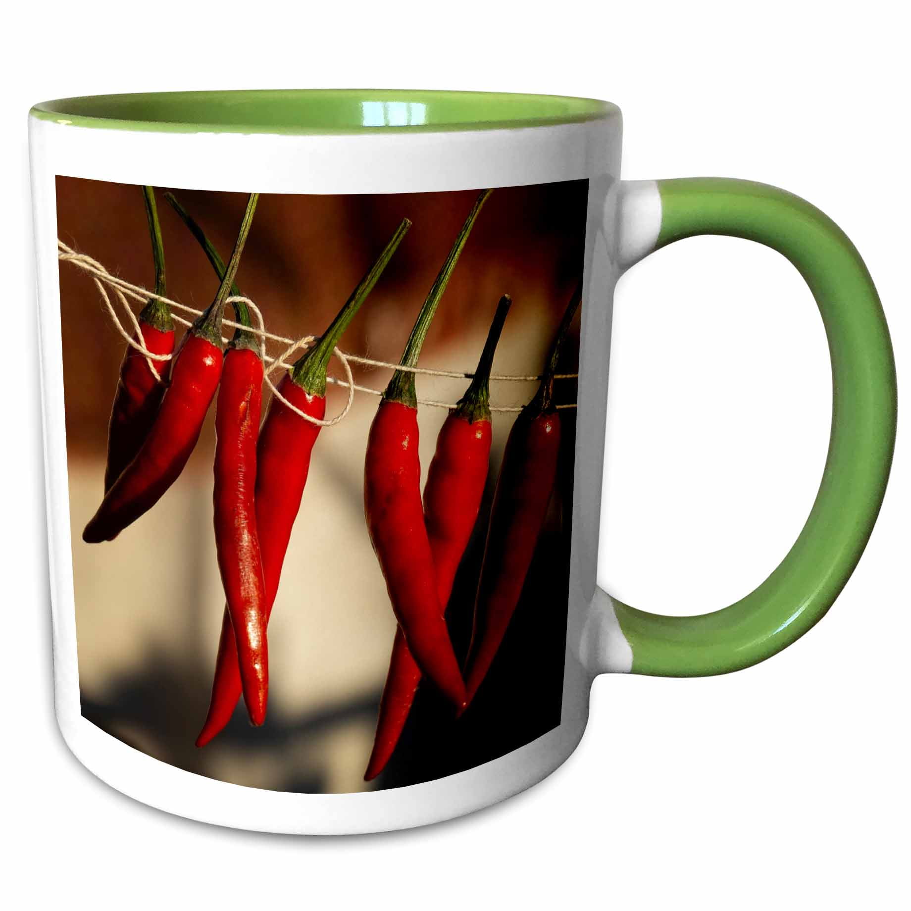 Red chili peppers hangs on a rope in a row 11oz Two-Tone Green Mug mug ...