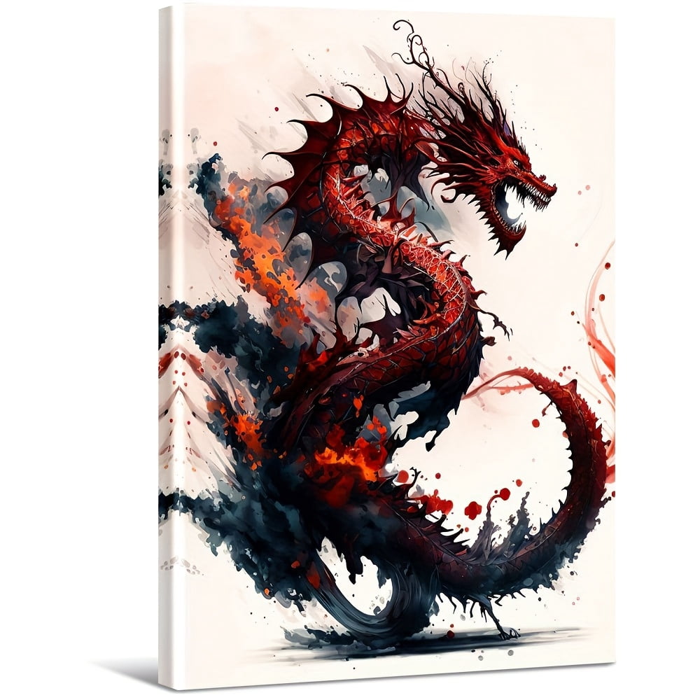 Red dragon with black and orange details Large Wooden Framed Wall Art ...