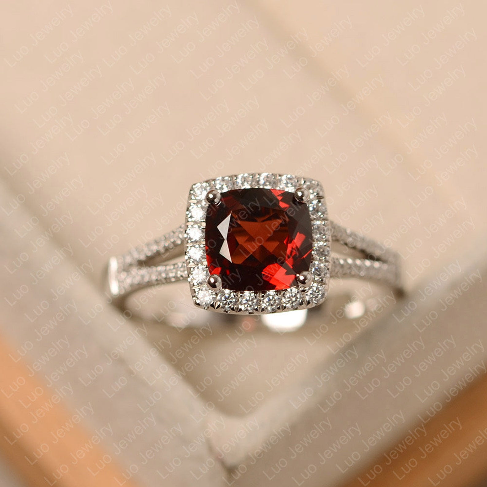 Red garnet ring, sterling silver halo wedding ring, cushion cut January ...