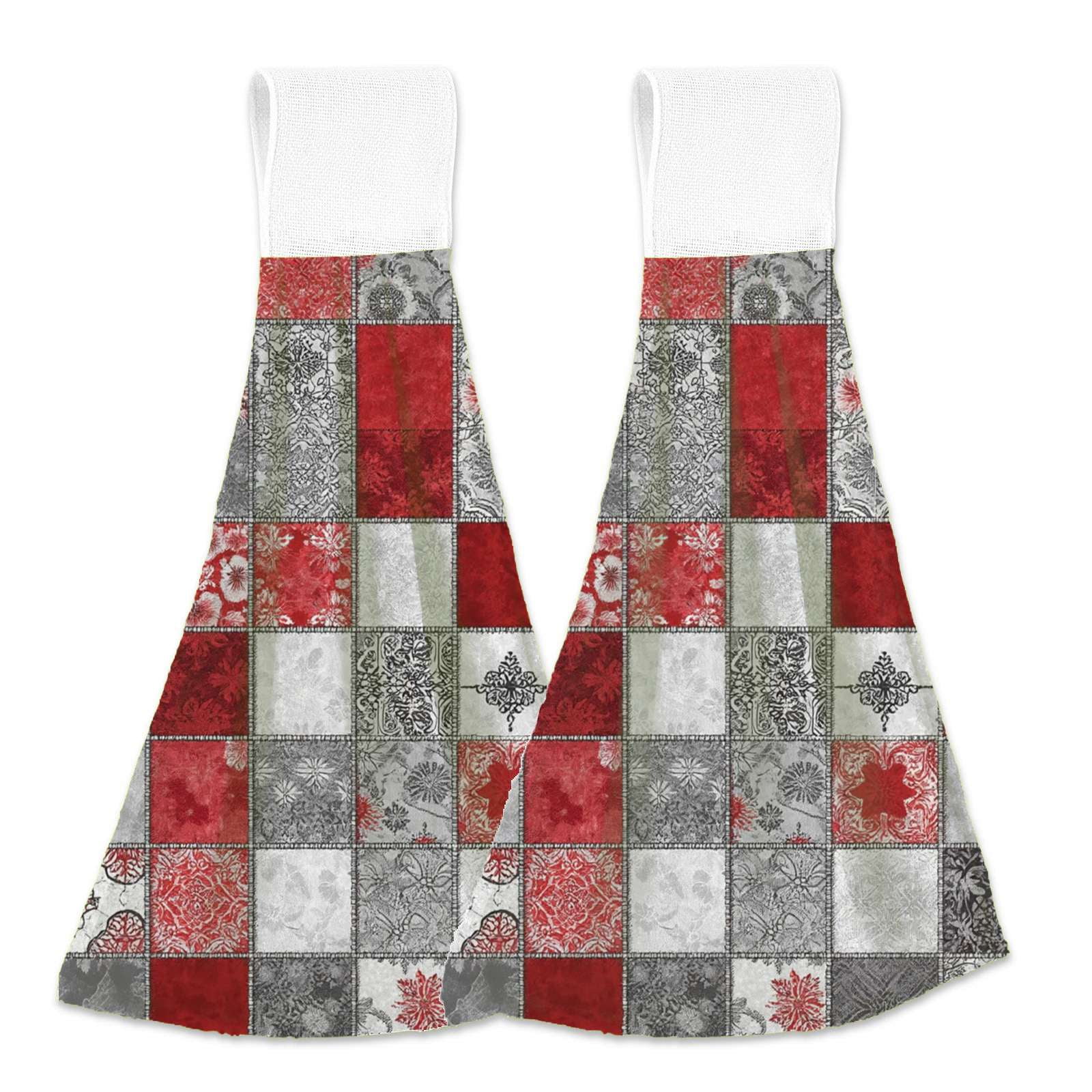 Red gray patchwork quilt design Hanging Kitchen Hand Towels Sets with ...