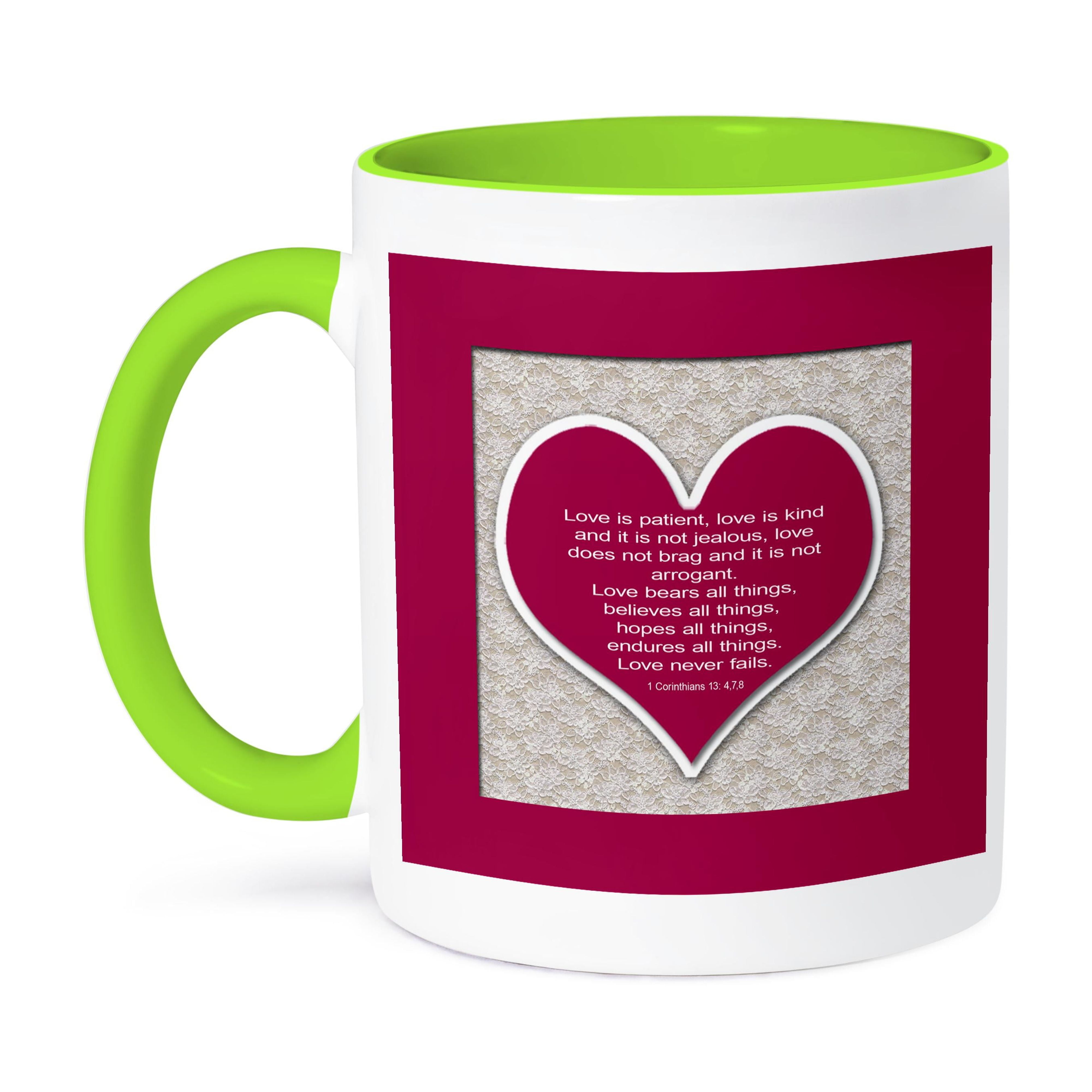 3dRose, Red heart and bible verse on love on a lace background., 11oz ...