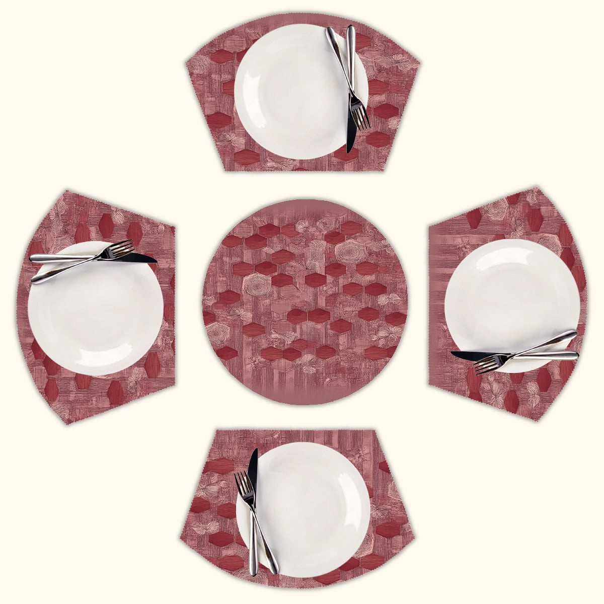 Red hexagon textured pattern design Round Table Placemats Set Of 5 ...