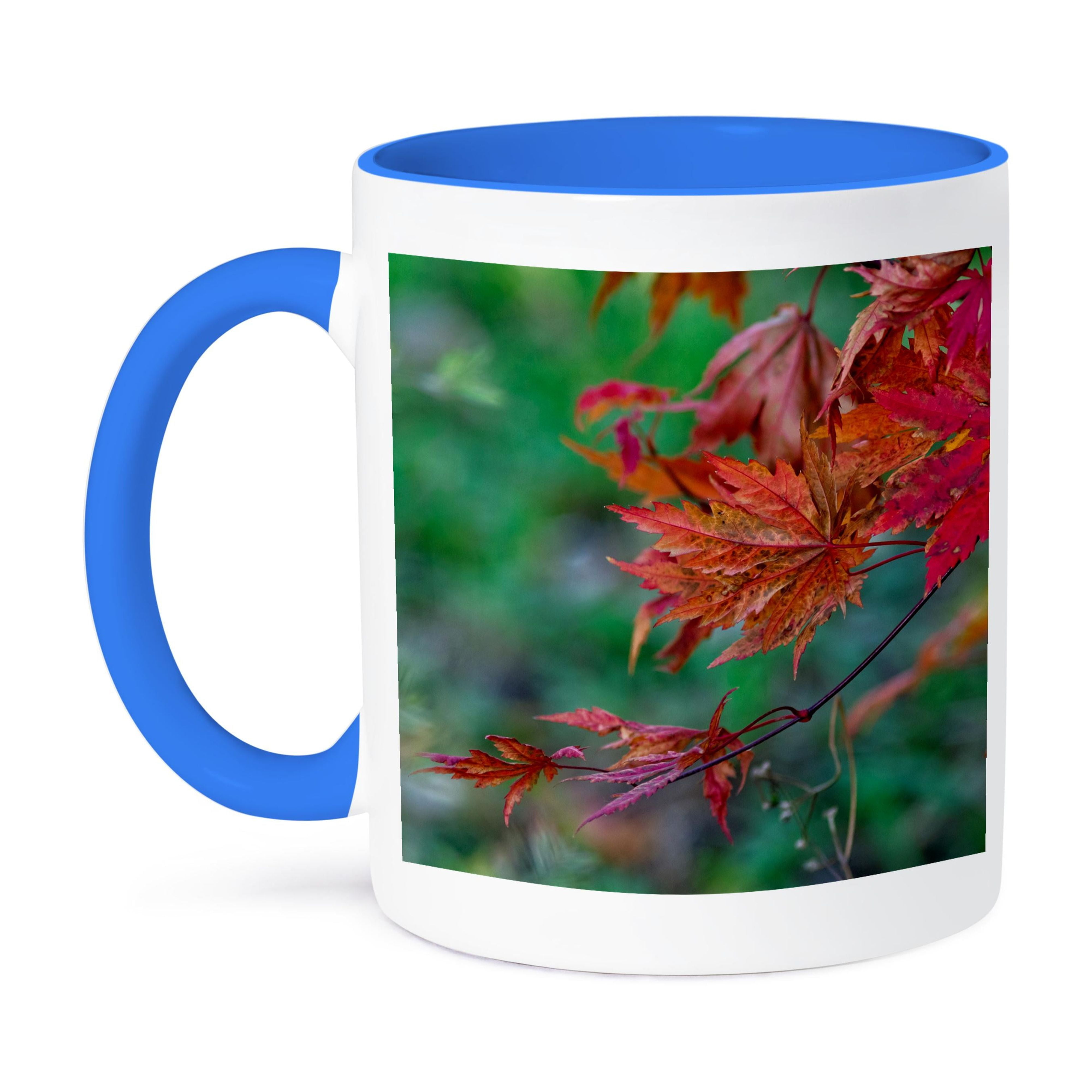 3dRose, Red leaves of a Japanese maple tree, green background. Autumn scene, 11oz Two-Tone Blue ...