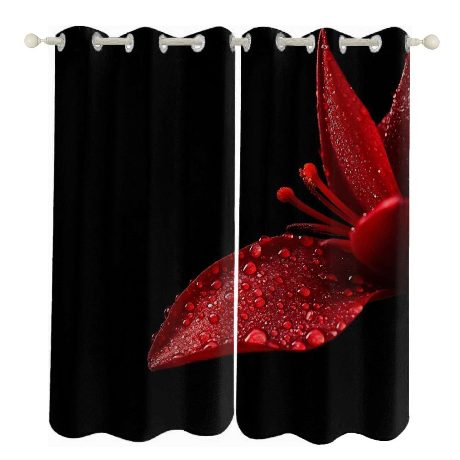 Red lily dew drops dark background Sunshade Curtains Home Bedroom ...