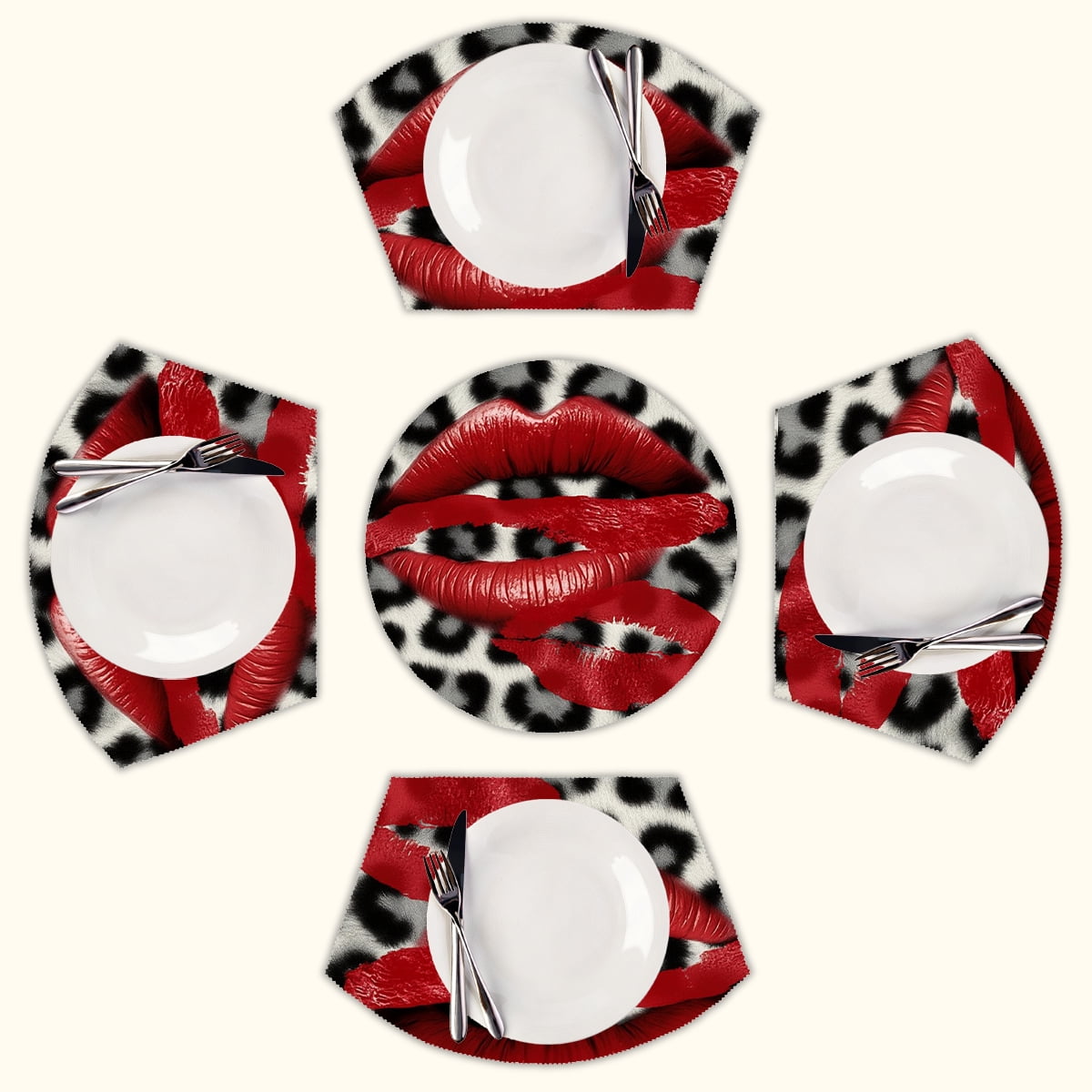 Red lips leopard print background Round Table Placemats Set Of 5 Wedge ...