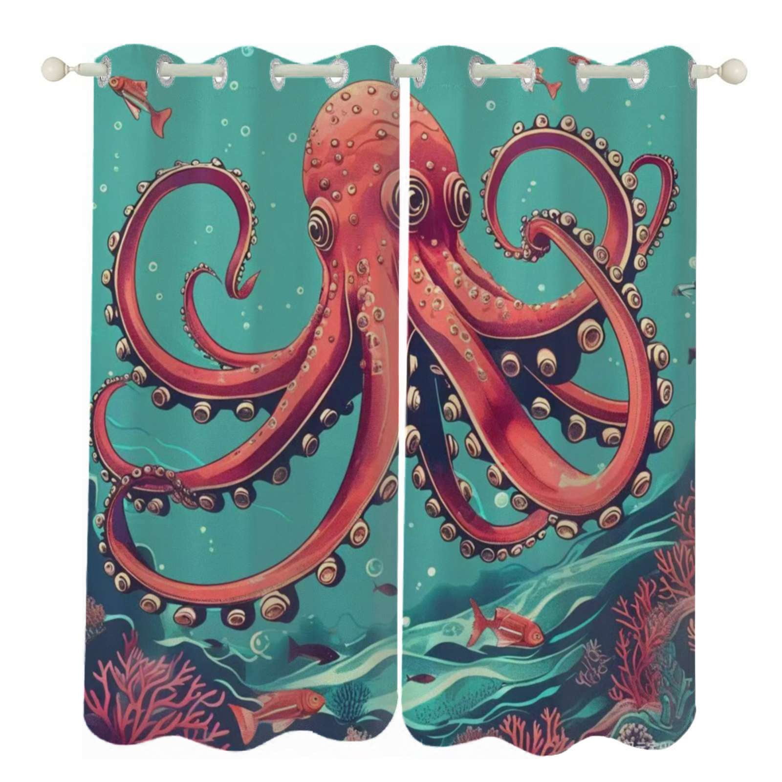 Red octopus underwater Sunshade Curtains Home Bedroom Living Room ...