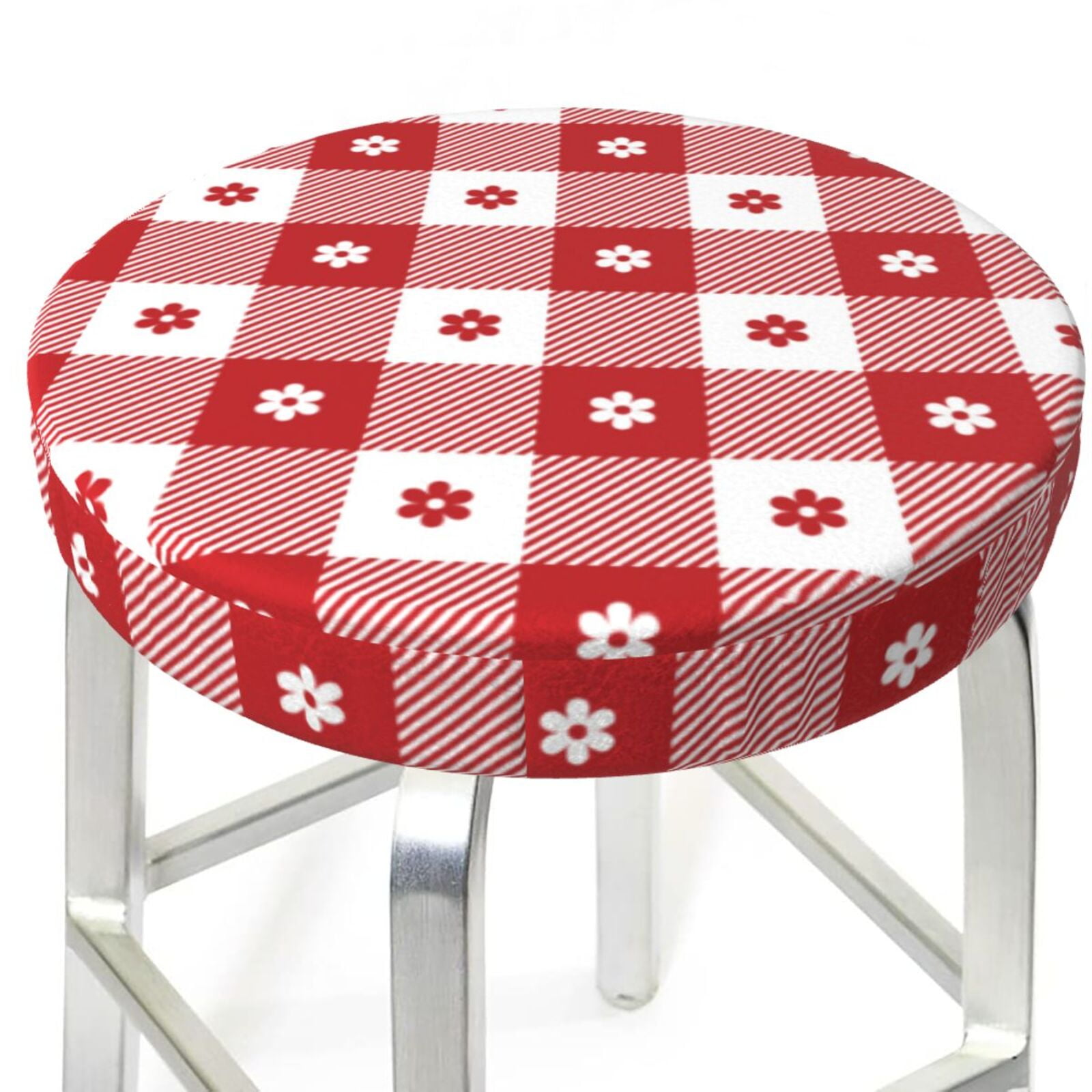Red plaid daisy Round Bar Stool Covers, Soft Velvet Bar Stool Seat ...