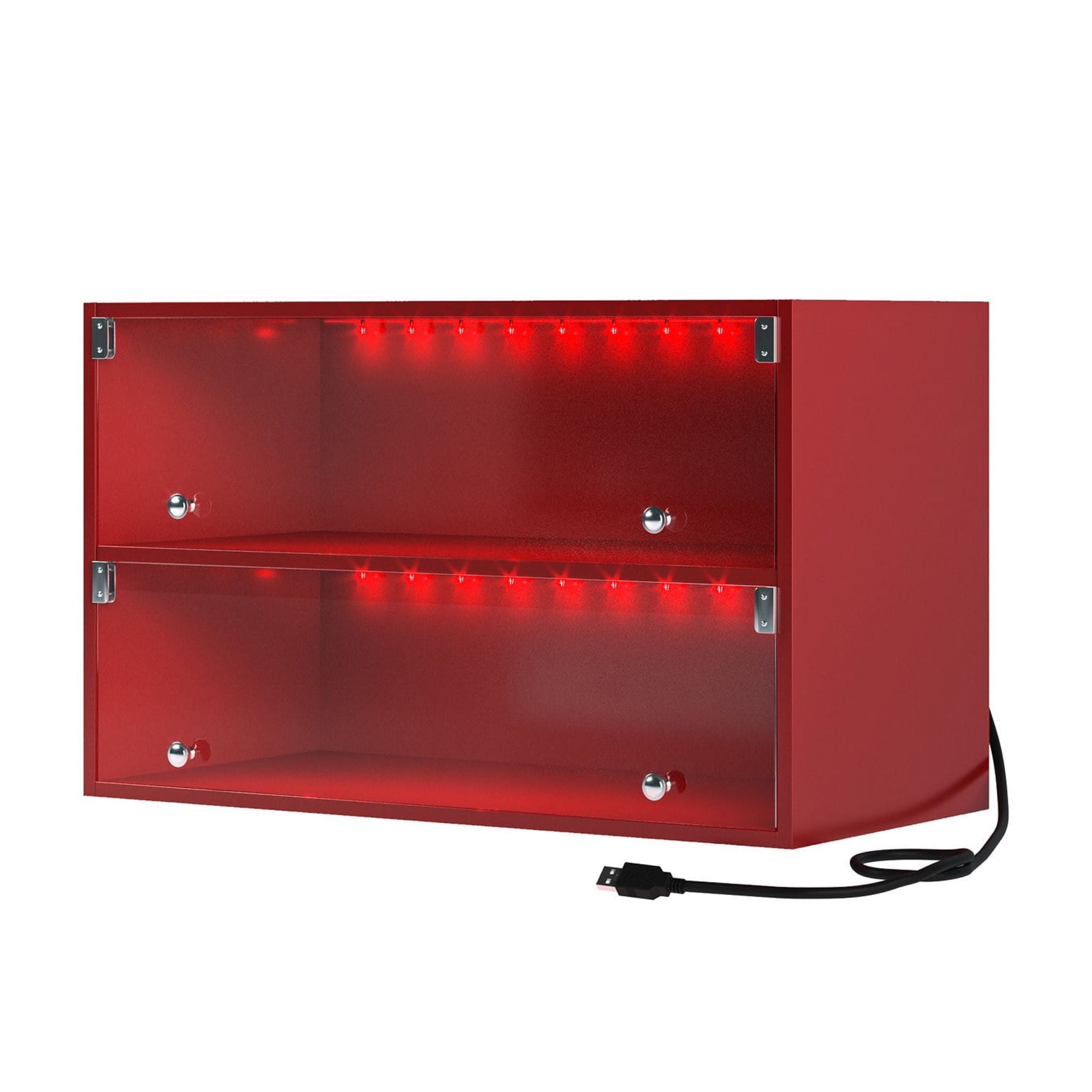 Red shoe cabinet with RGB LED light and sliding doors for primary ...