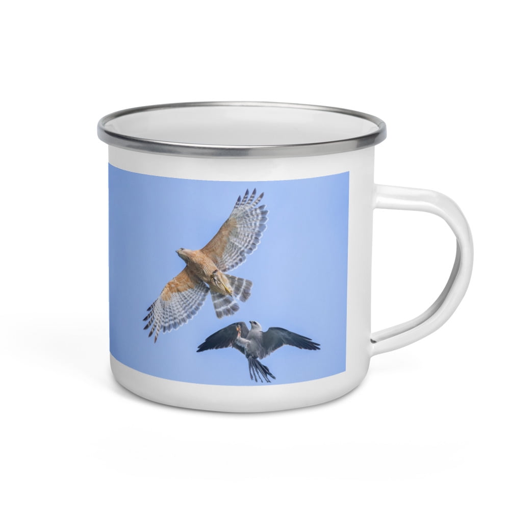 Red-shouldered hawk fighting with Mississippi kite - Enamel Mug ...