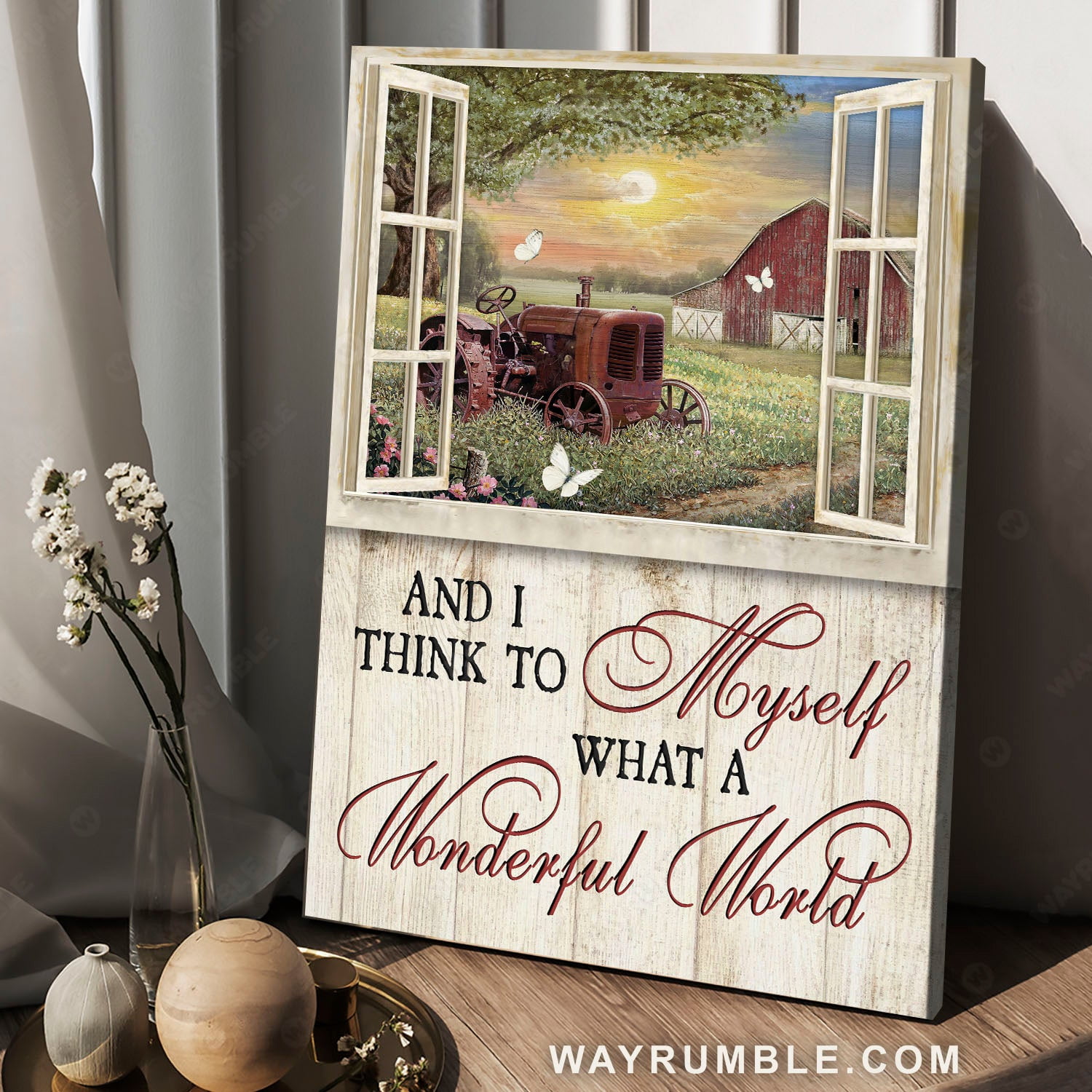 Red tractor, Tiny flower, Grass land, Sunny day, What a wonderful world ...