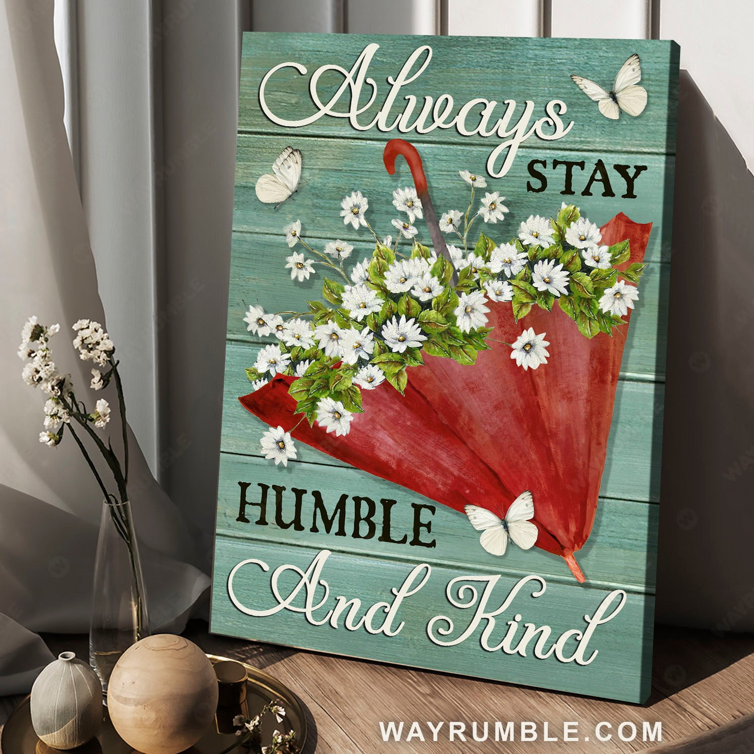 Red umbrella, Daisy flower, White butterfly, Stay humble and kind ...