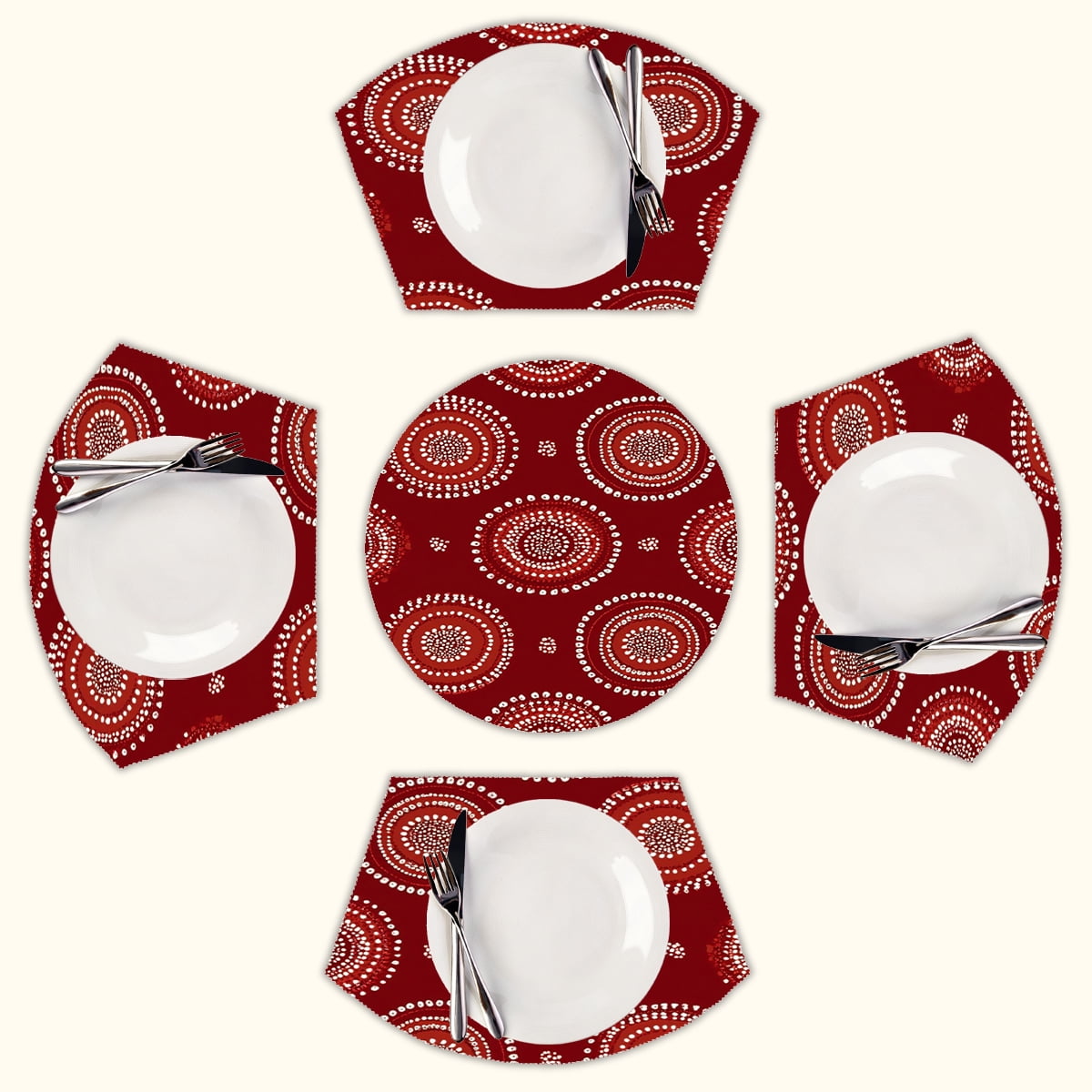 Red white dotted circle pattern Round Table Placemats Set Of 5 Wedge ...
