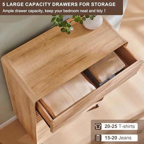 RedLemon 5 Drawers Dresser for Bedroom, 48'' Tall Mid Century Modern Wood Fluted Dresser, Chest ...