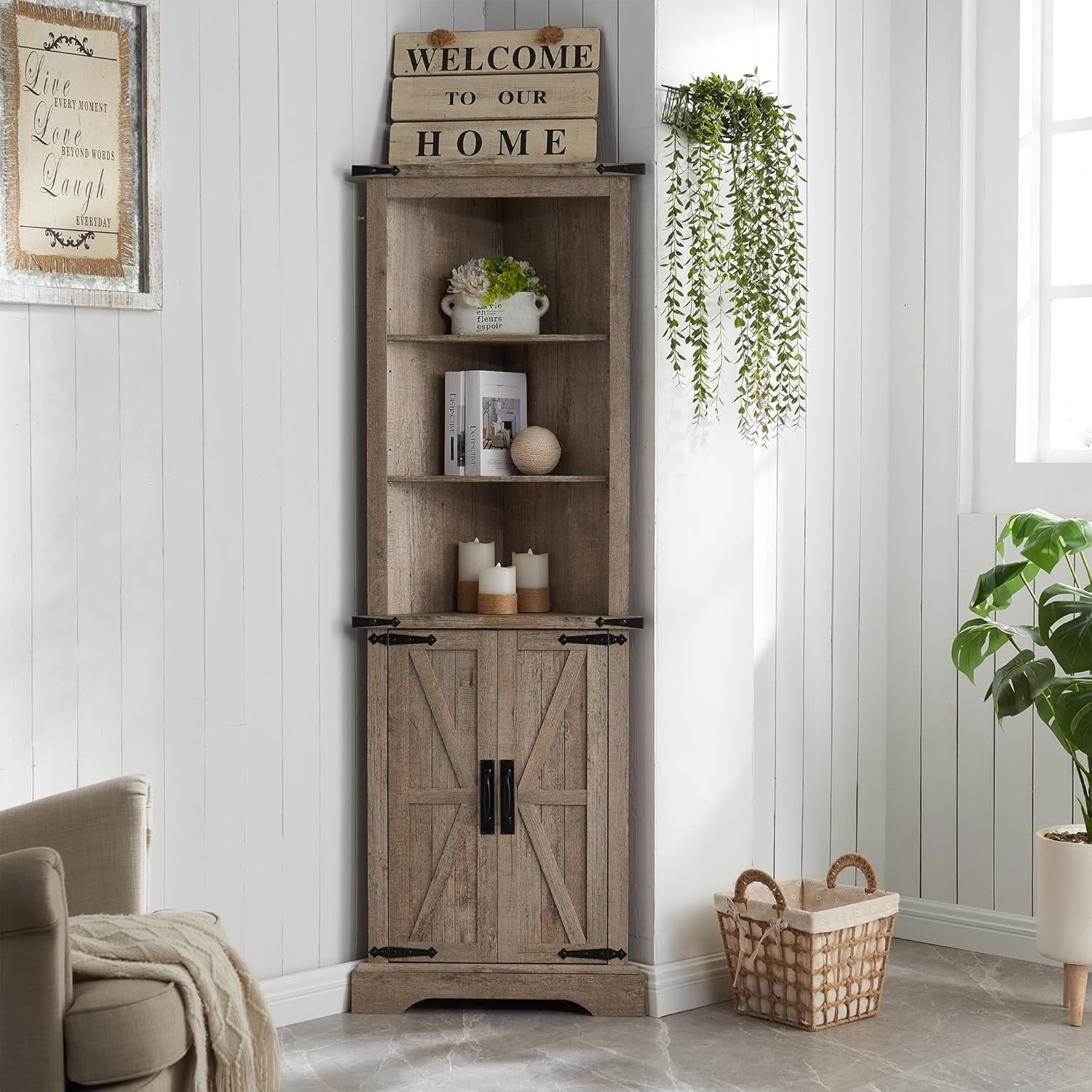 RedLemon Farmhouse Corner Cabinet, 68" Tall with Double Barn Doors ...