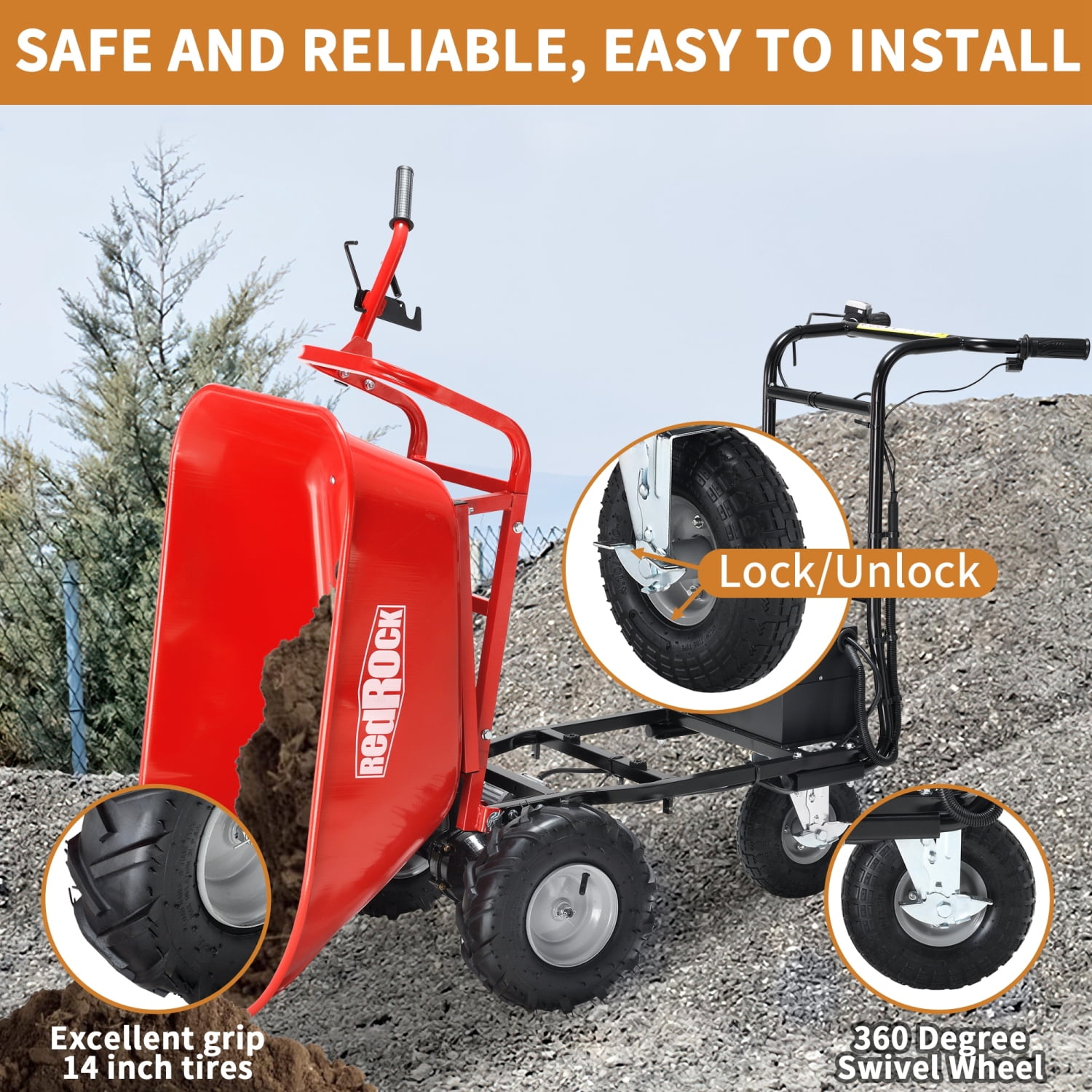 RedRock Electric Wheelbarrow 48V 28Ah 500W 500lbs Hauler 1000lbs Towing ...