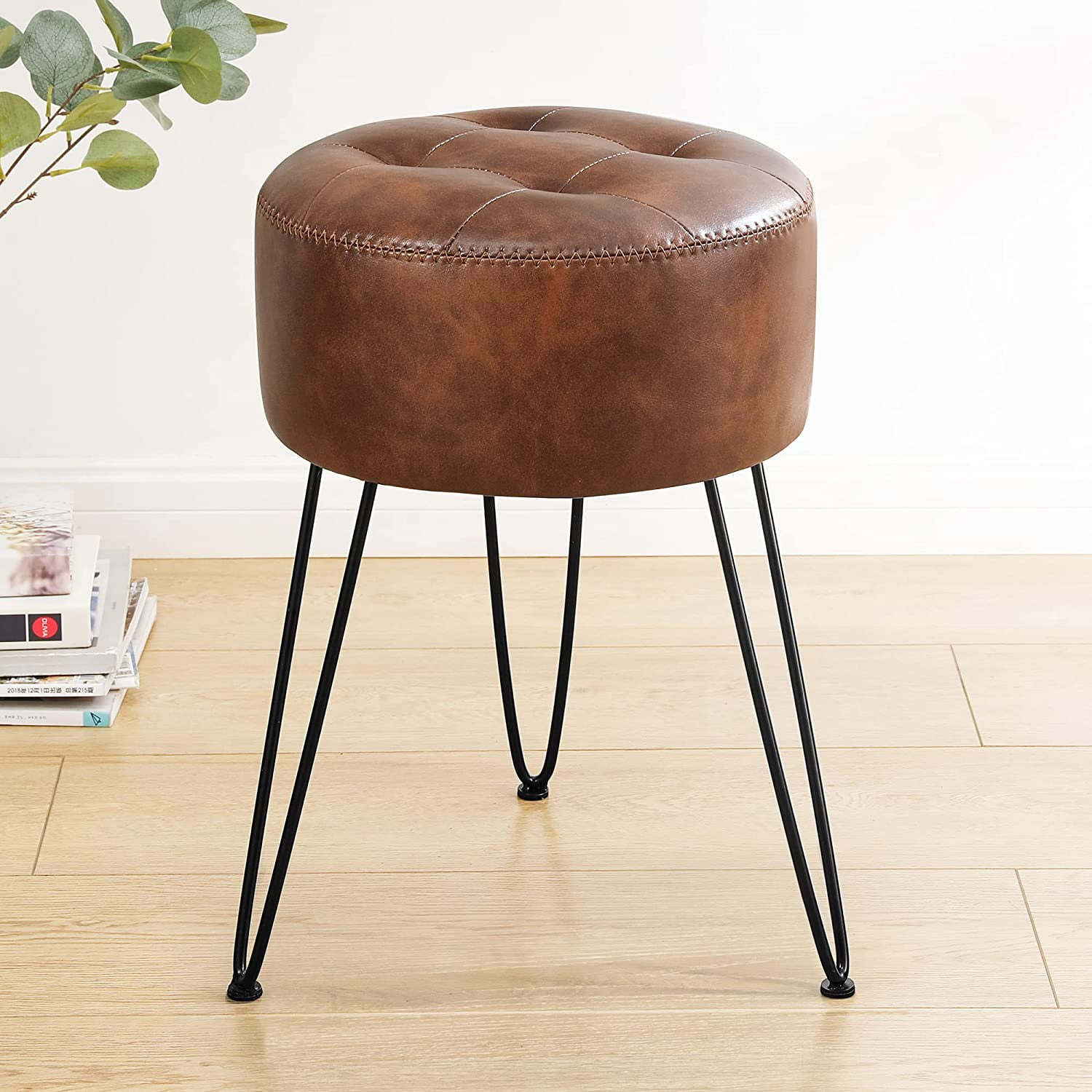 Reddish Brown Vanity Stool Chair for Makeup Room, Tufted Faux Leather ...