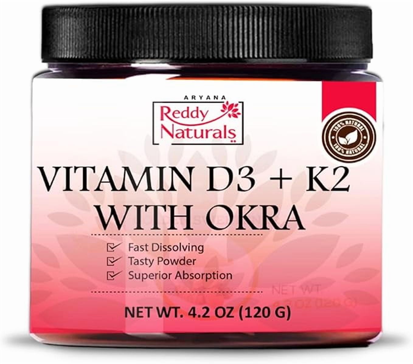 Reddy Naturals Vitamin D3 + K2 with Okra Extract Powder – High Potency Vitamin D3 Supplement ...