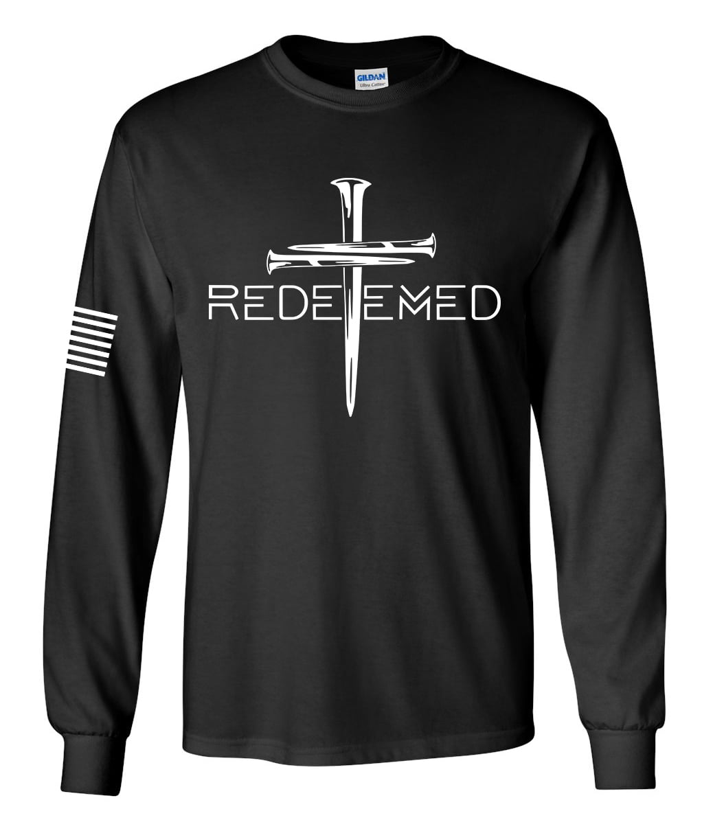 Redeemed Cross Nails Mens Christian American Flag Sleeve T-shirt Long ...
