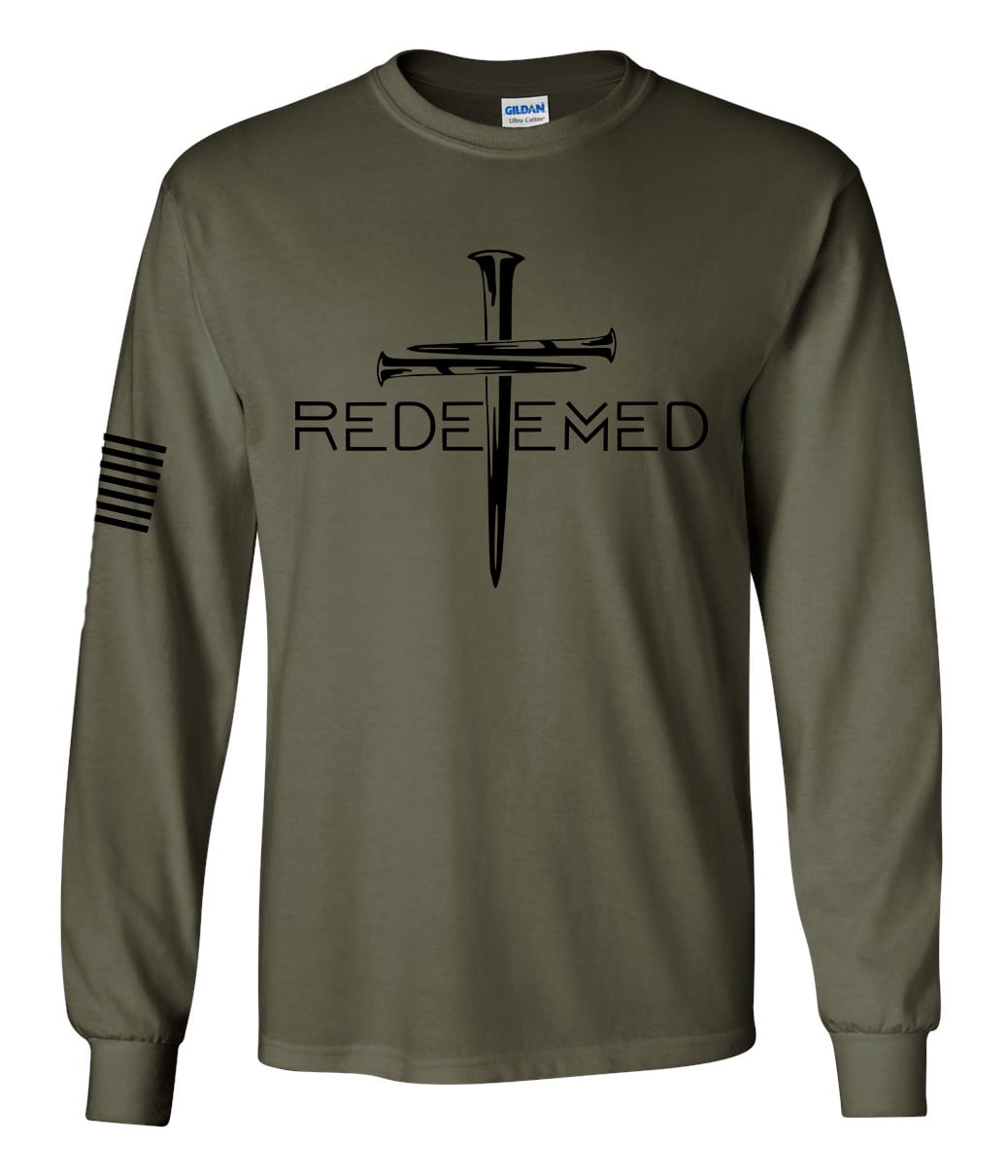 Redeemed Cross Nails Men's Christian T-shirt, American Flag Long Sleeve ...
