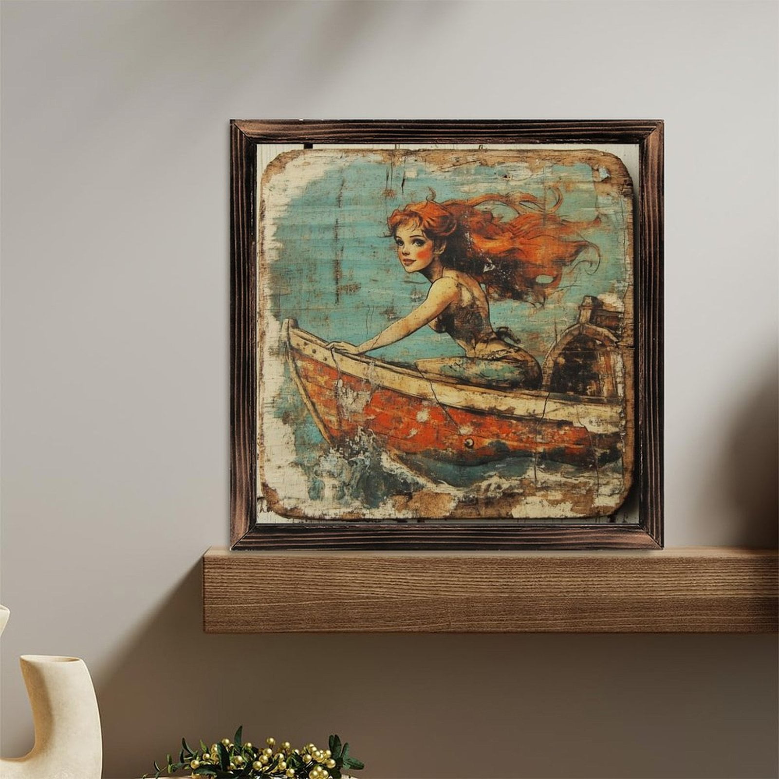 Redhead Mermaid In Rowboat Waves Wooden Sign Wall Plaque - Vintage Art ...