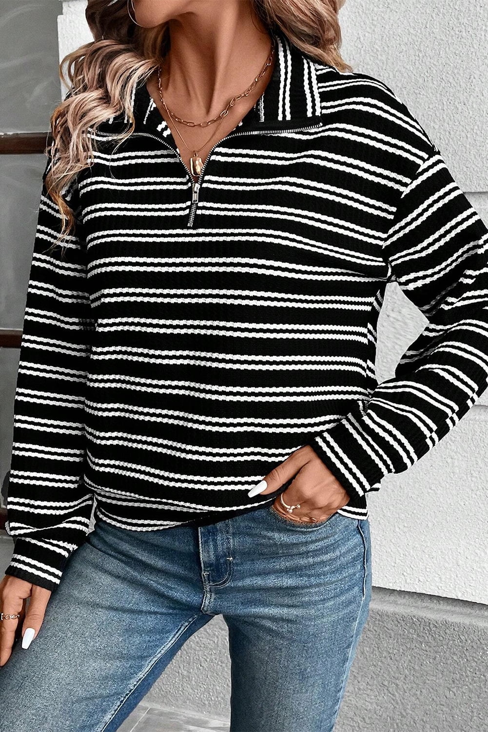 Redhotype Chic Black Stripe V-Neck Zip Top | Sleek Fit - Walmart.com