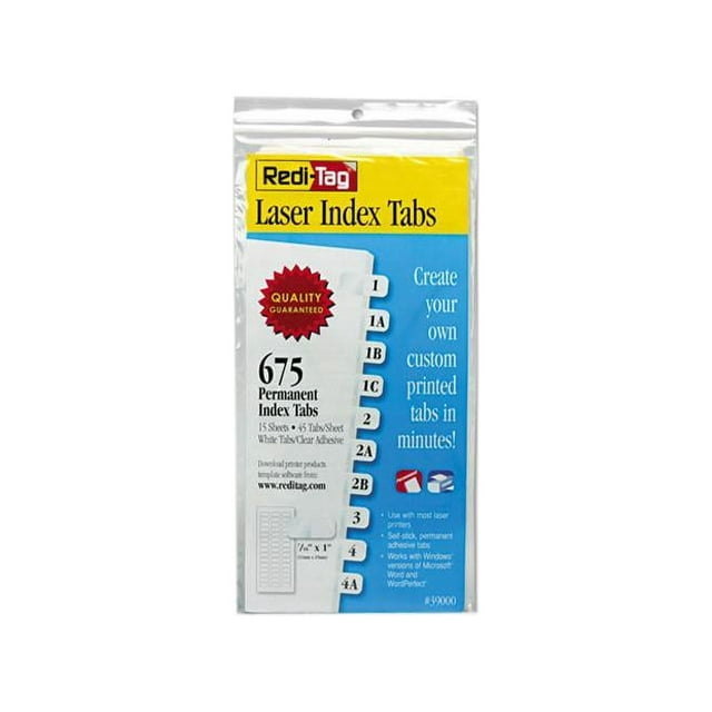Redi-Tag 39000 Laser Printable Index Tabs, 7/16 x 1, White, 675/Pack ...