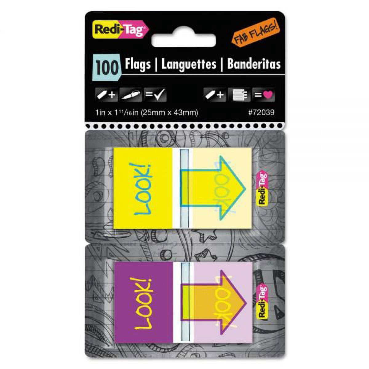 Redi-Tag Pop-Up Fab Page Flags w/Dispenser, "Look!", Purple/Yellow ...