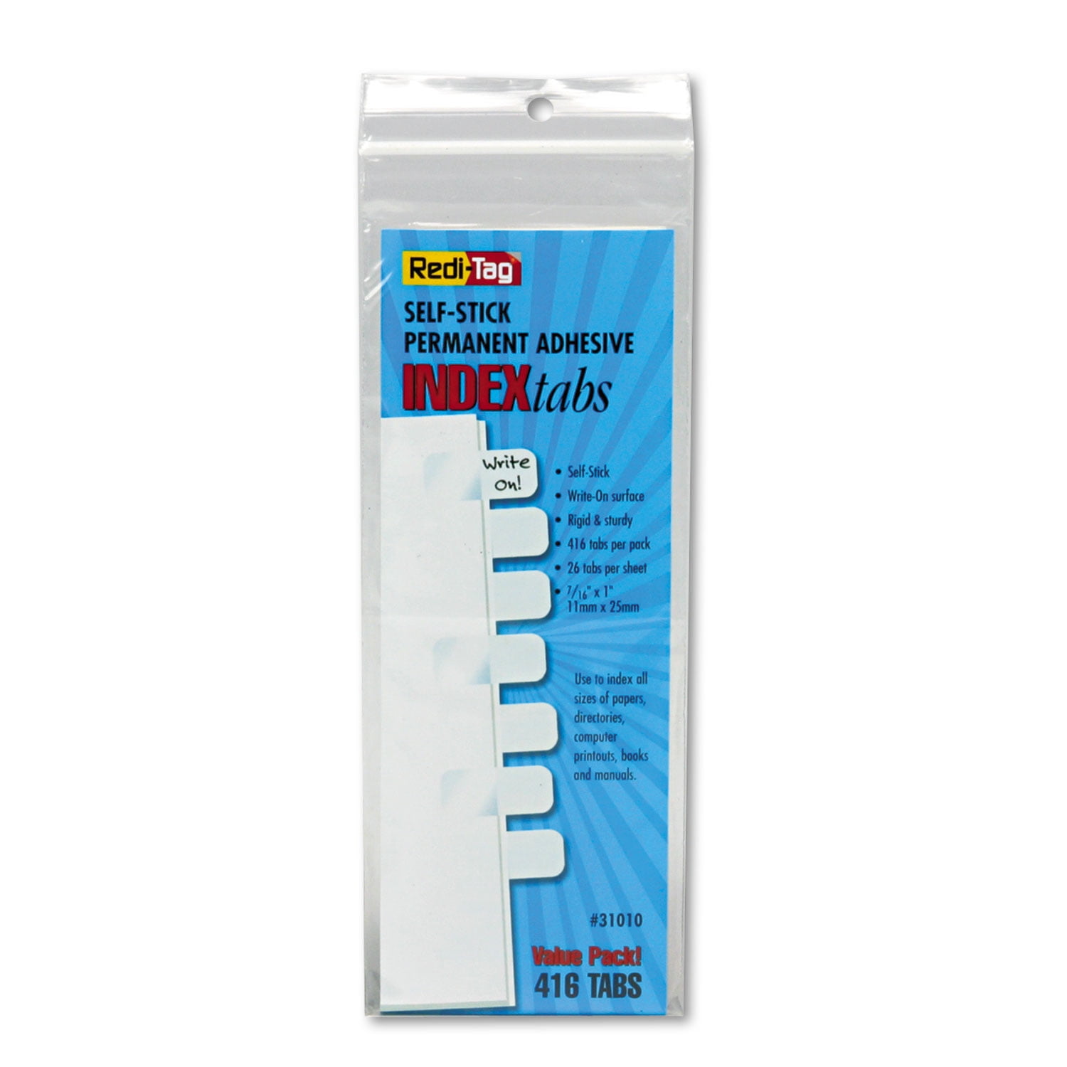 Redi-Tag Adhesive Side-Mount Self-Stick Plastic Index Tabs, 1in, White ...
