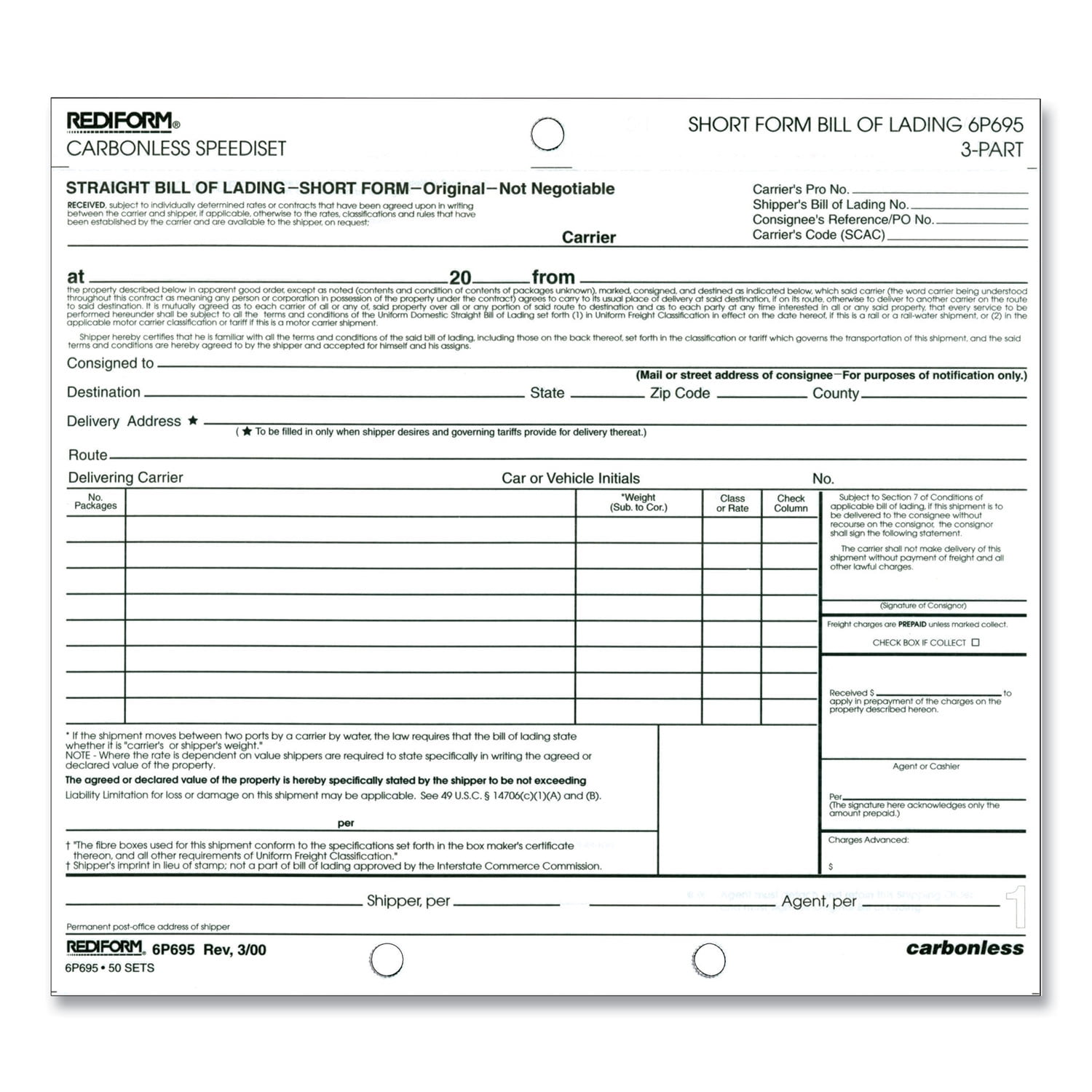 Rediform Bill of Lading, Three-Part Carbonless, 7 x 8.5, 1/Page, 50 ...